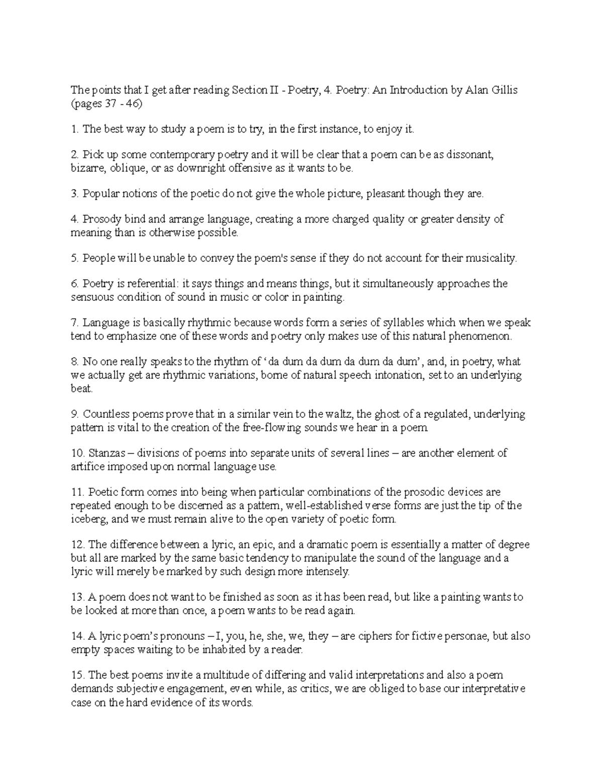 Summary of Poetry: An Introduction by Alan Gillis (pp. 37-46) - Studocu