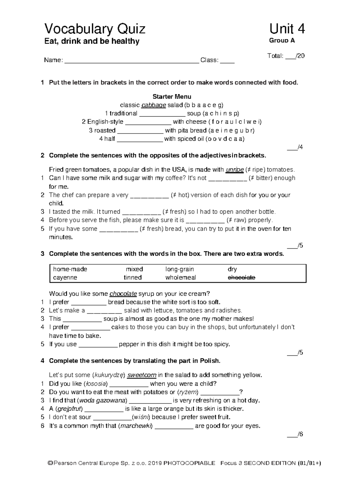 Focus 3 2E Unit 4 Vocabulary Quiz for Group A - Studocu