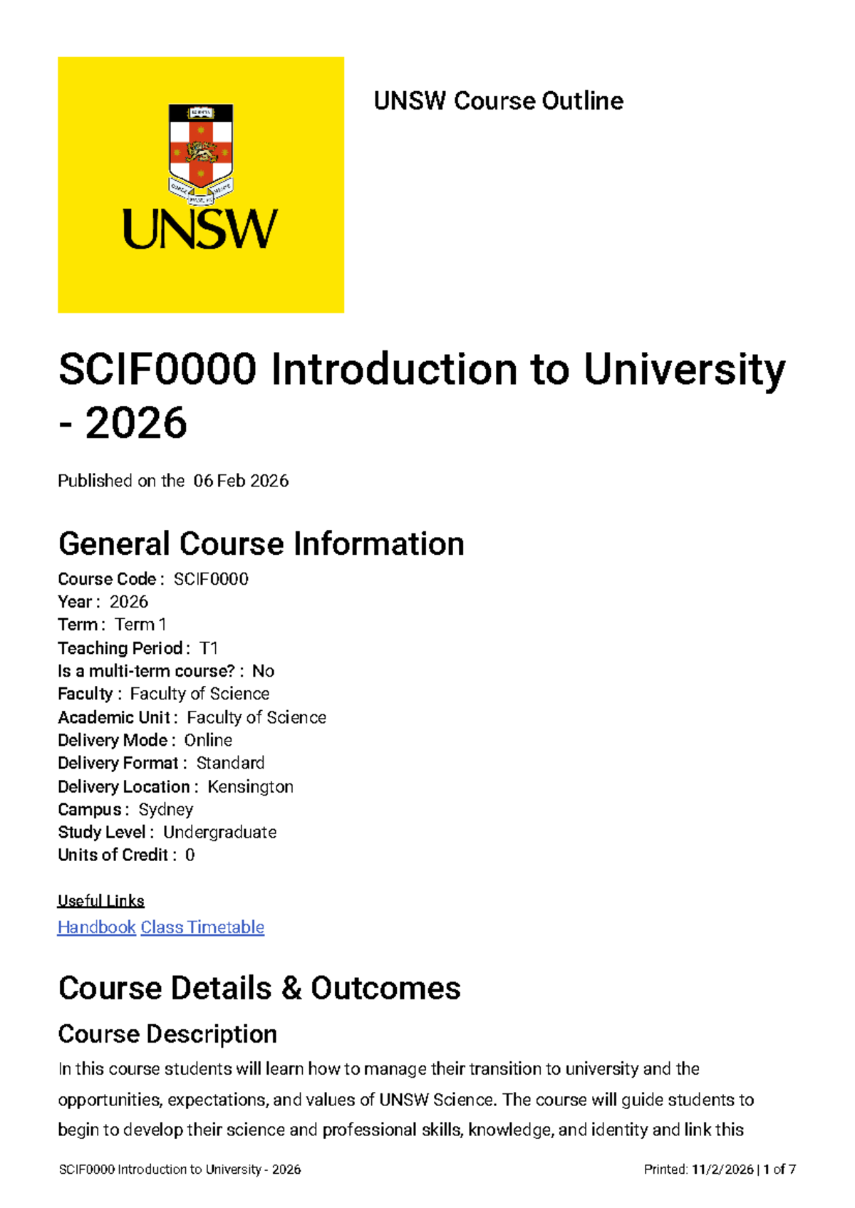 UNSW CO SCIF0000 Introduction to University Course Outline 2026 T1 ...
