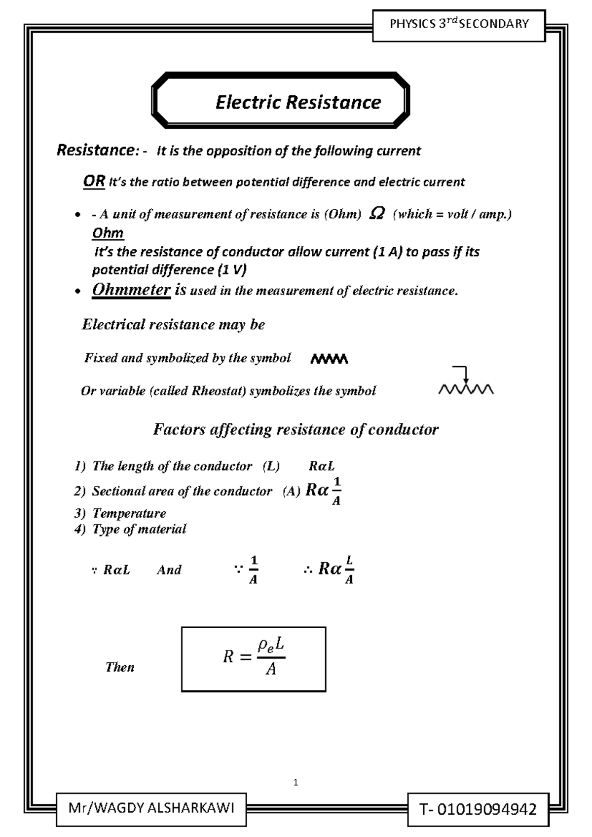 PHYSICS 3rd SECONDARY Electric Resistance Overview and Key Concepts ...