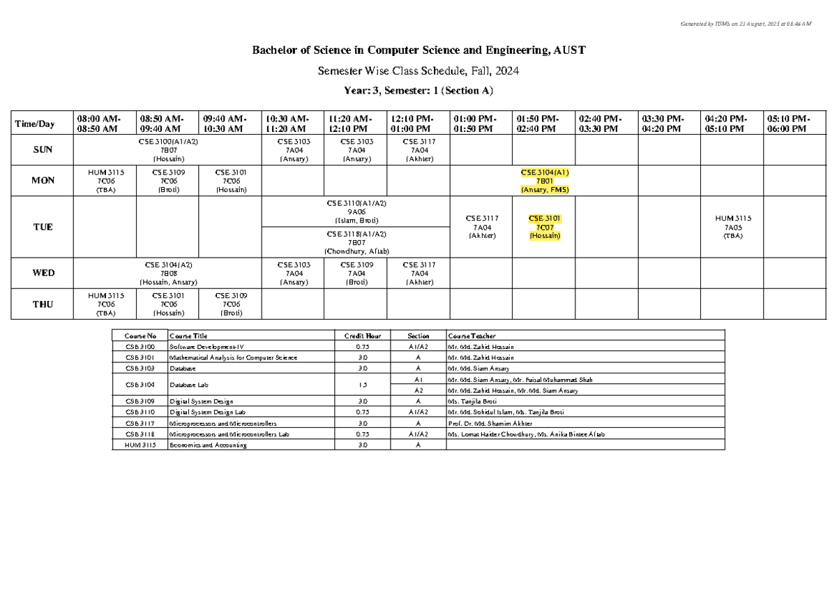 CSE 3-1-A Fall 2024 Class Schedule - BSc in CSE, AUST - Studocu