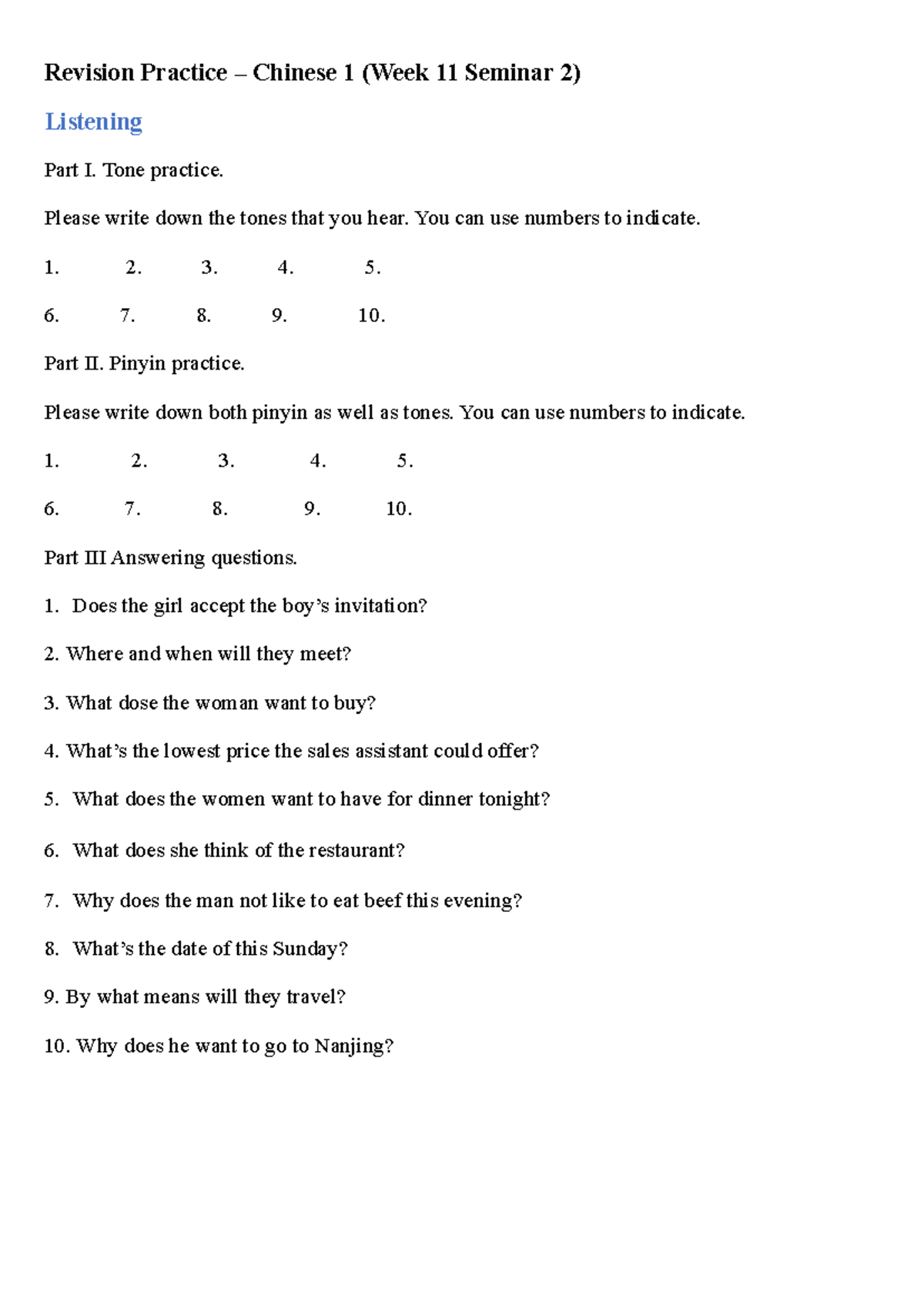 Revision Practice Chinese 1 (Week 11 Seminar 2) Listening & Pinyin ...