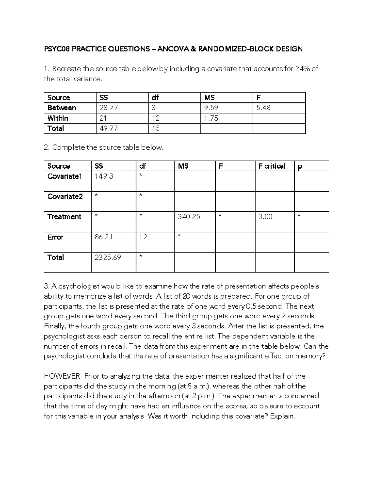 PSYC08 ANCOVA Design Practice Questions & Analysis - Studocu