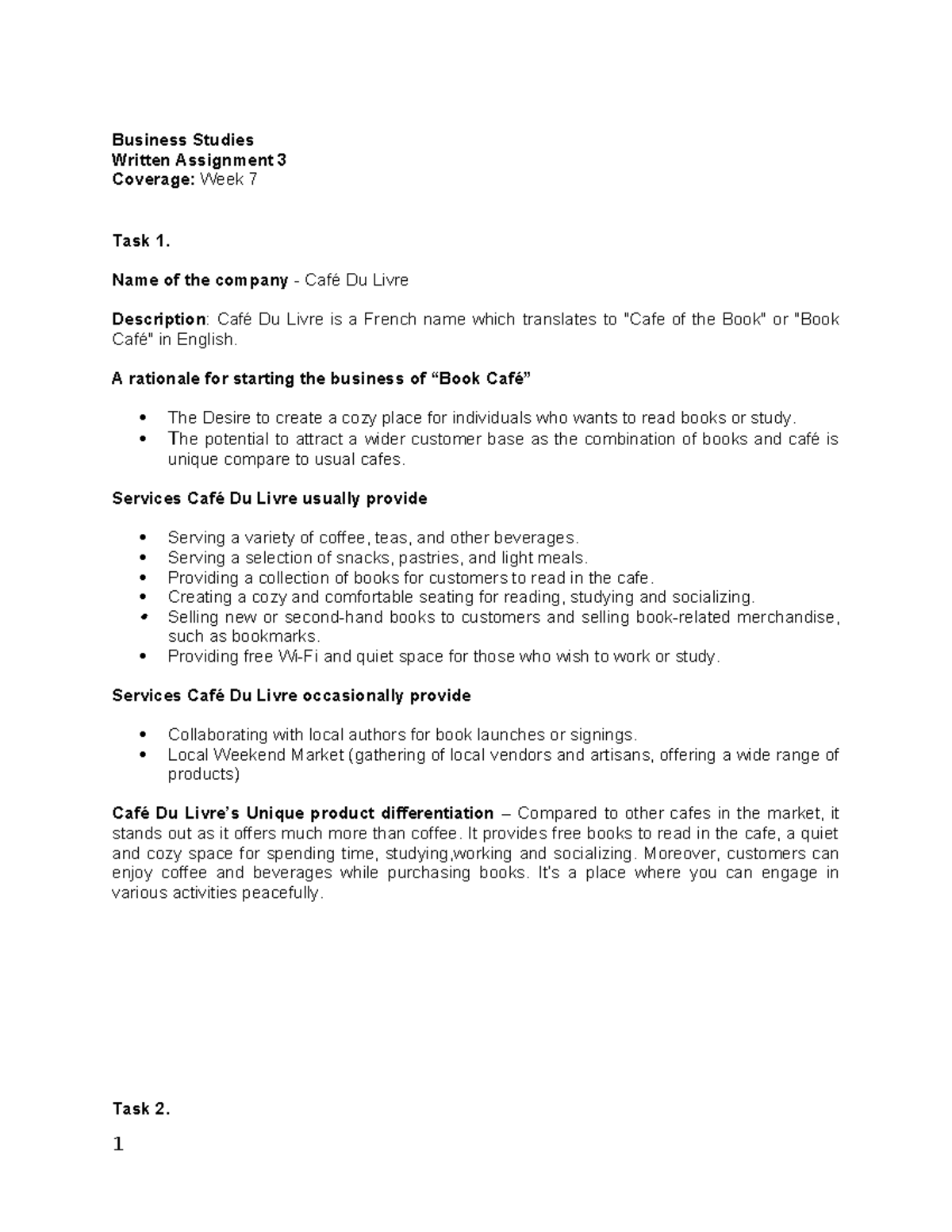 Business Studies Assignment 3: Café Du Livre Overview and Market ...