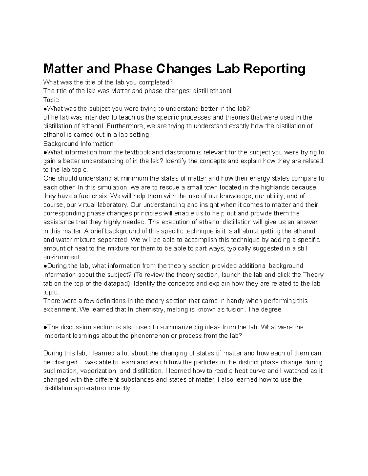 Matter and Phase Changes Lab Reporting - Furthermore, we are trying to ...