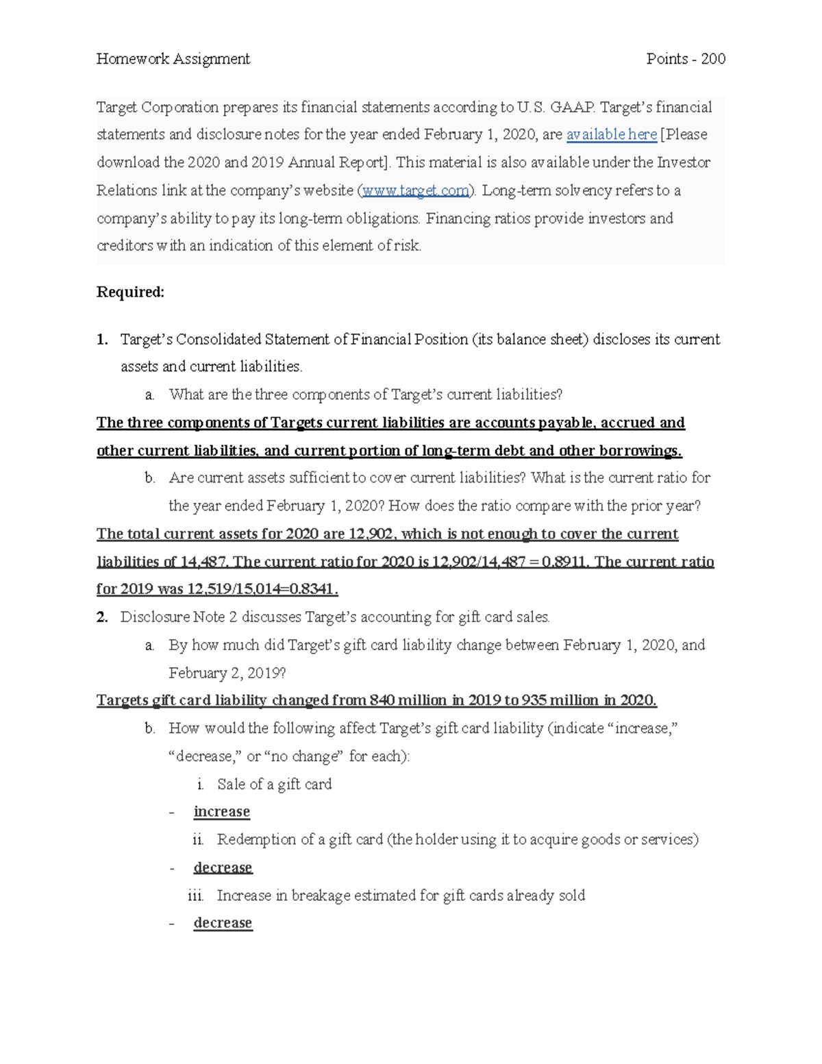 ACCT 212 Homework Assignment on Target's Financials Analysis - Studocu