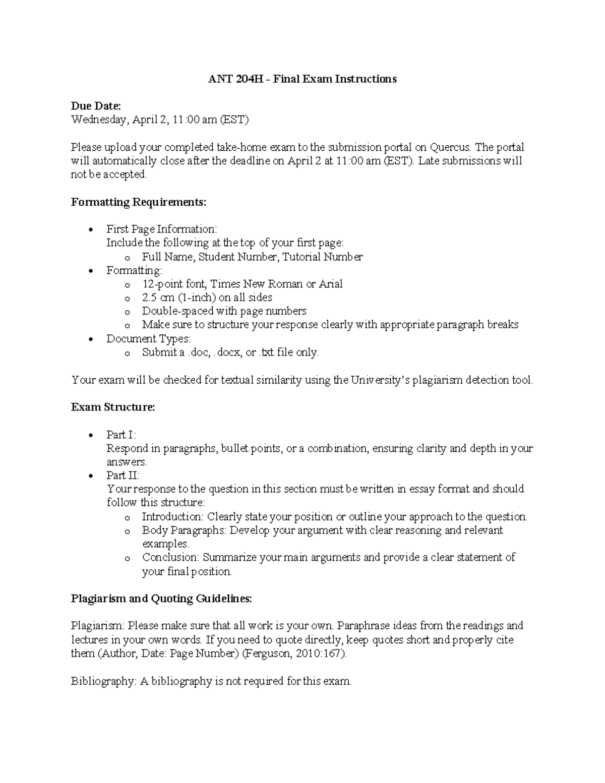 ANT 204H Final Exam Guidelines and Submission Details 2025 - Studocu