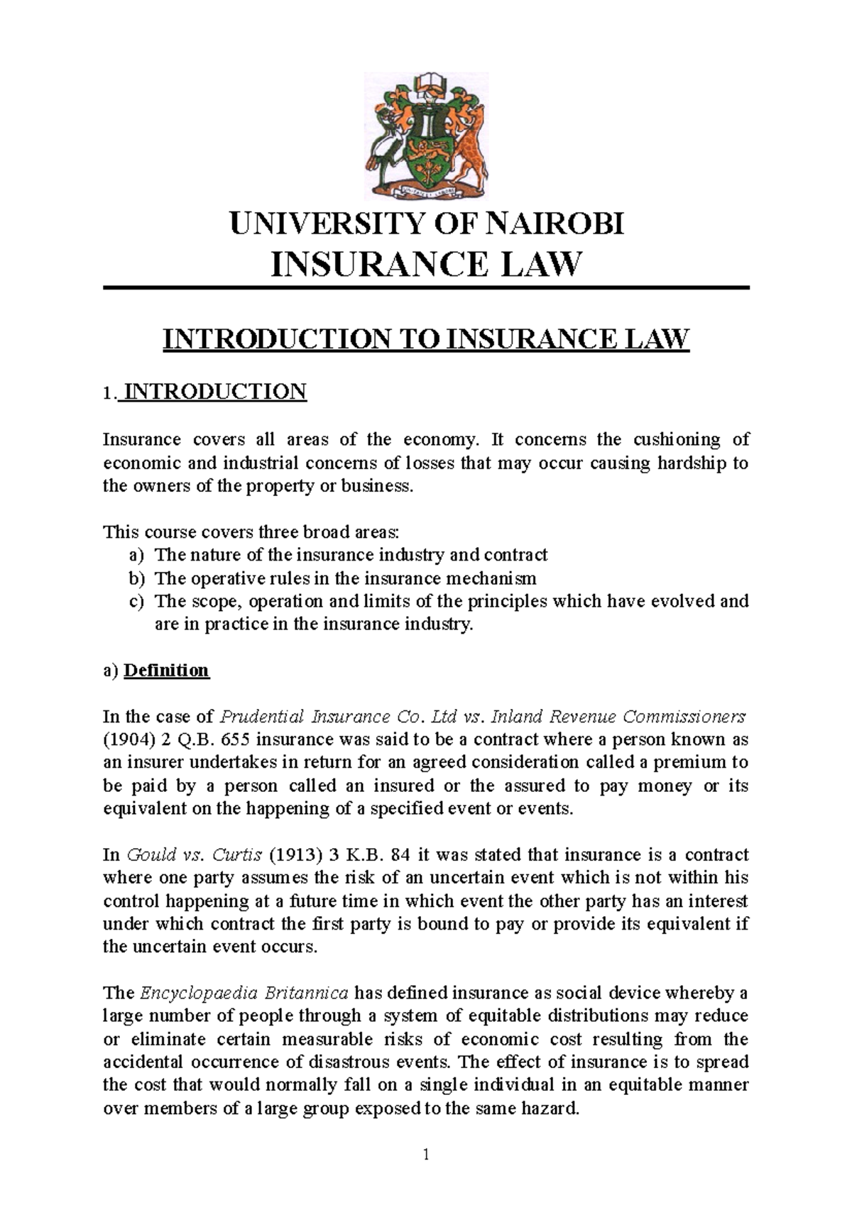 Insurance Law Notes - LAW 301: Foundations and Key Principles - Studocu