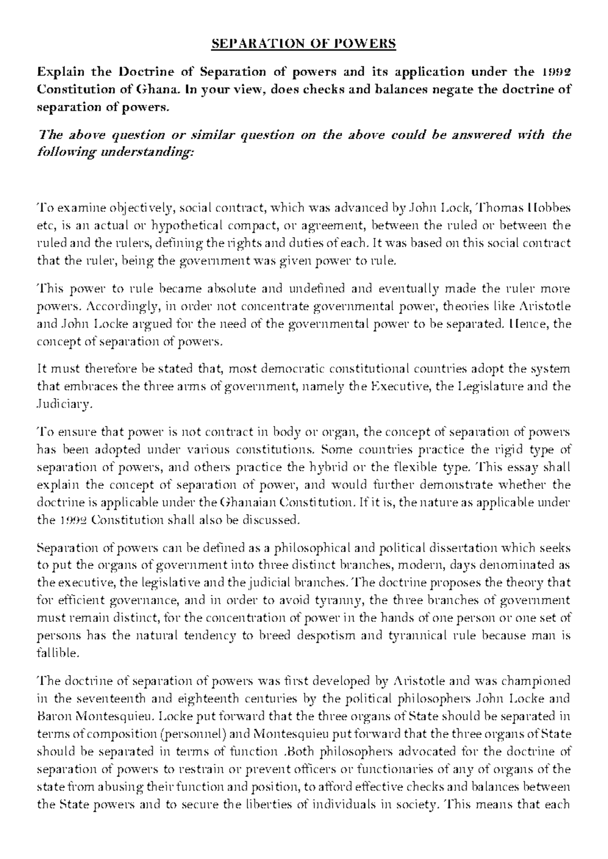 Separation OF Powers - SEPARATION OF POWERS Explain the Doctrine of Separation of powers and its ...
