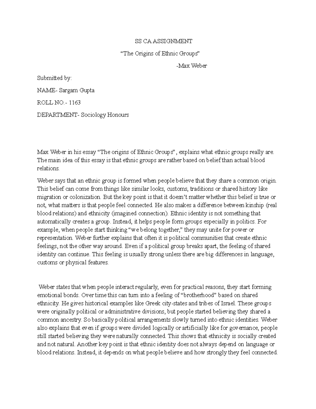 SS CA ASSIGNMENT: Max Weber's Ethnic Group Theory Analysis - Studocu
