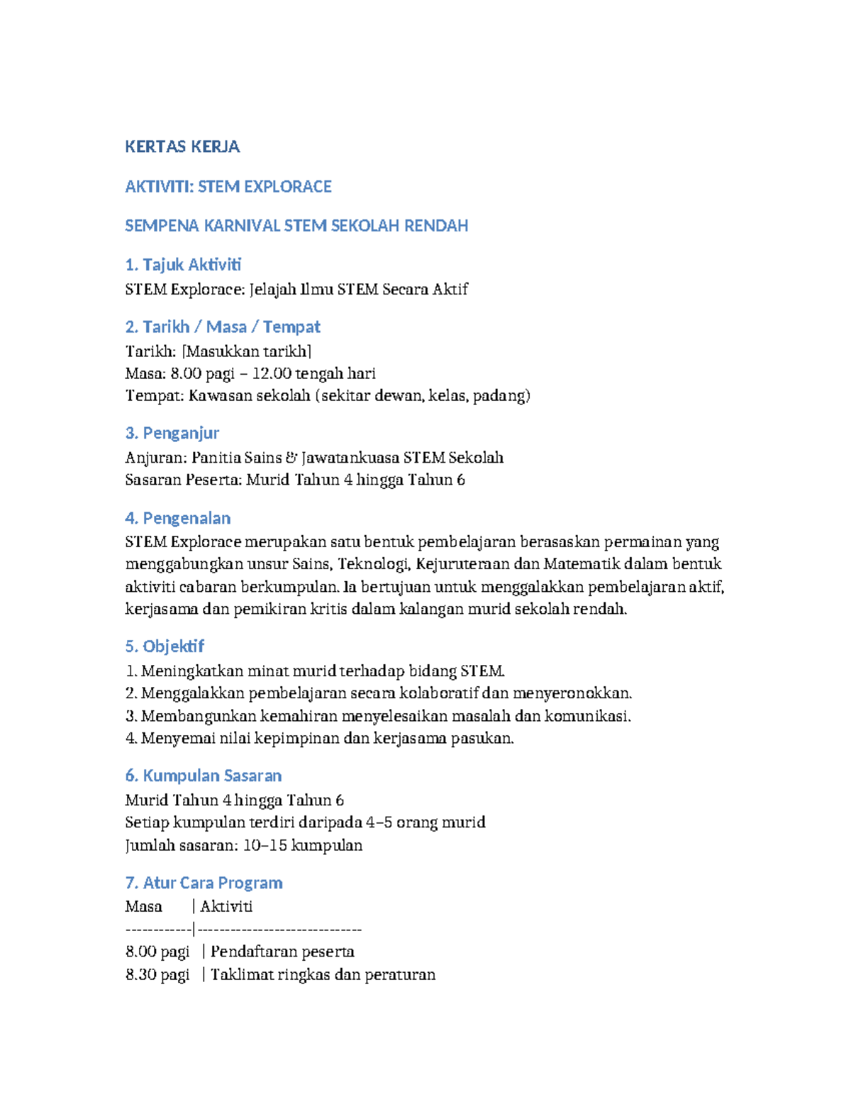 KERTAS KERJA AKTIVITI: STEM EXPLORACE KARNIVAL SEKOLAH RENDAH - Studocu