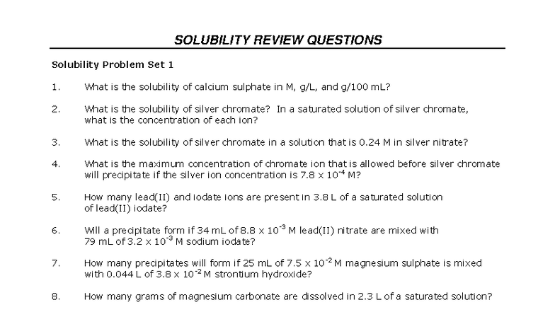 CHEMISTRY 12: SOLUBILITY EQUILIBRIUM REVIEW QUESTIONS - Studocu