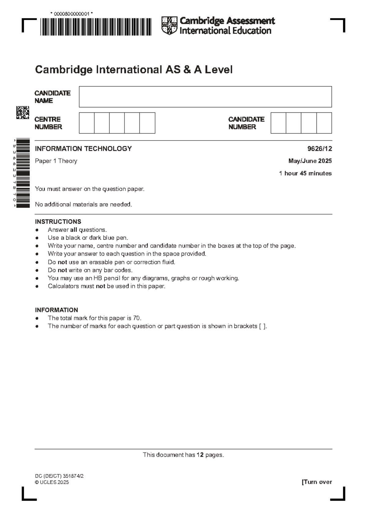 Cambridge International AS A Level 9626/12 Information Technology Paper ...