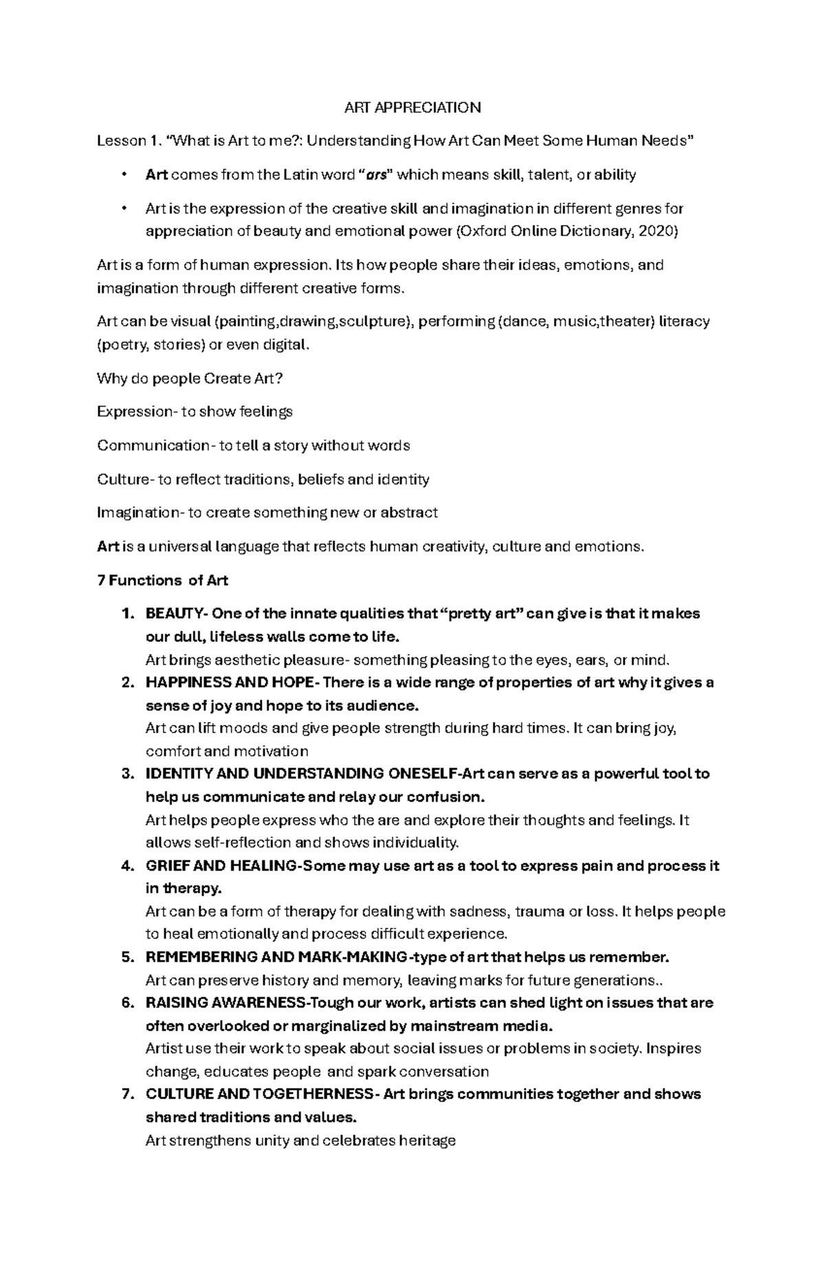 ART APPRECIATION (ART101) Lesson 1: Exploring the Functions of Art ...