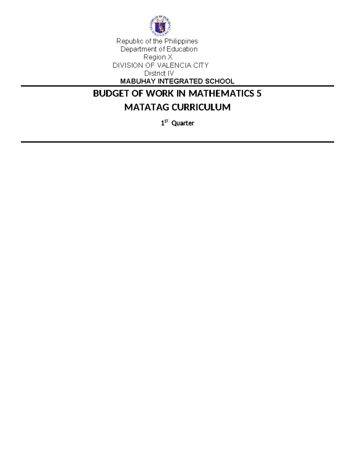 BOW Math 5 - 1st Quarter Budget of Work (Matatag Curriculum) - Studocu