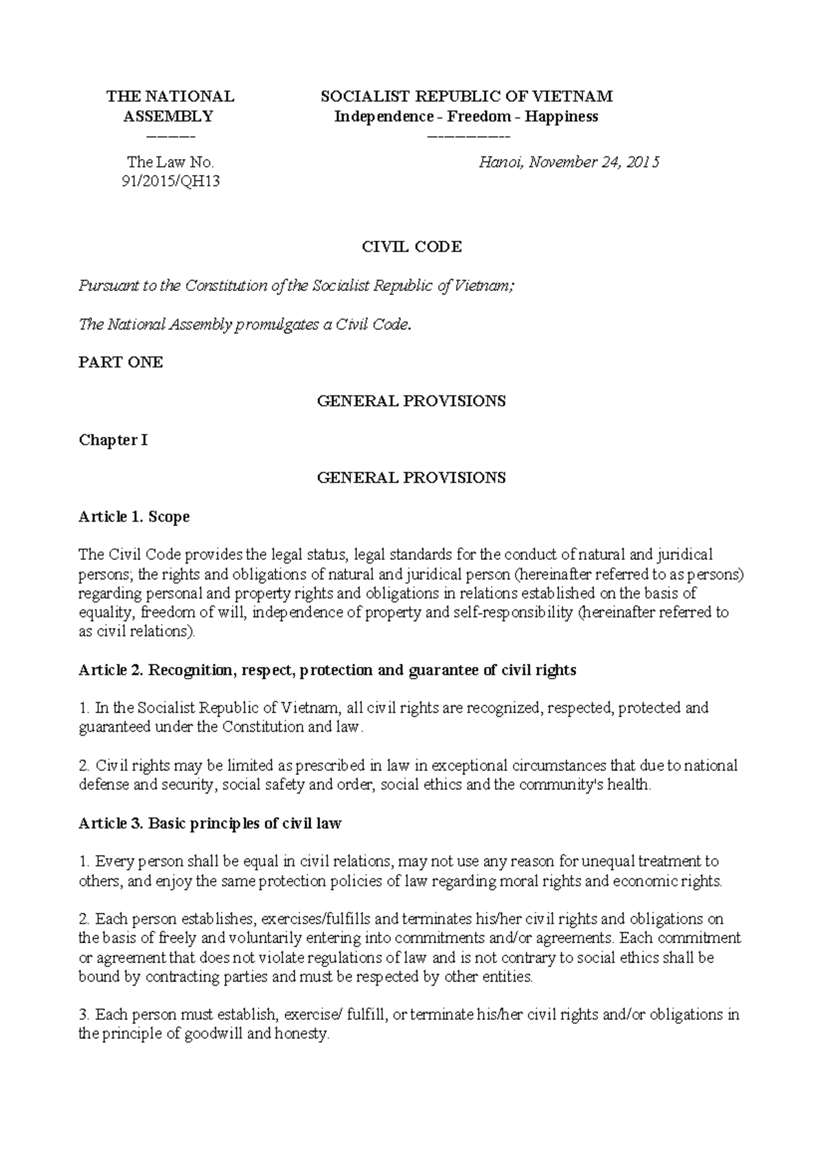Civil Code of Vietnam 2015 - Key Provisions and Principles - Studocu