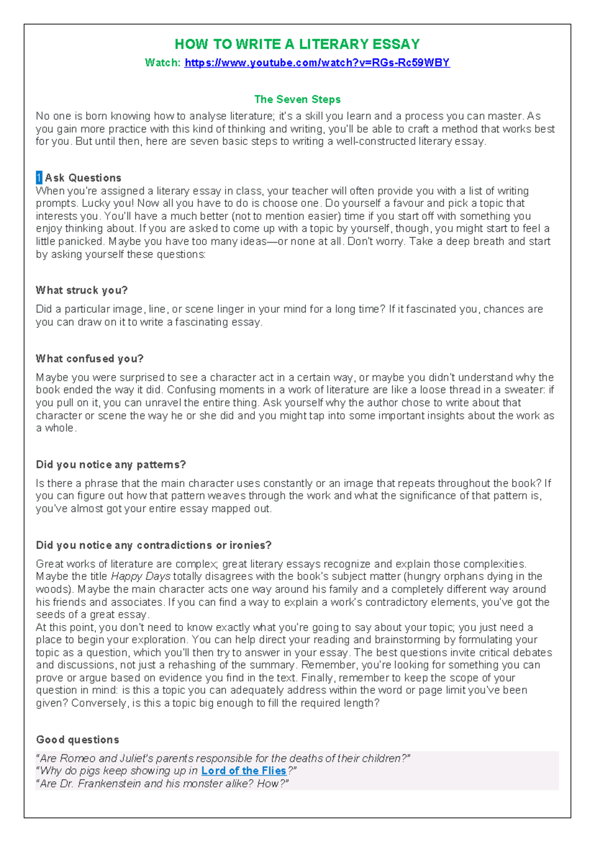 How to Write a Literary Essay: 7 Essential Steps Guide - Studocu
