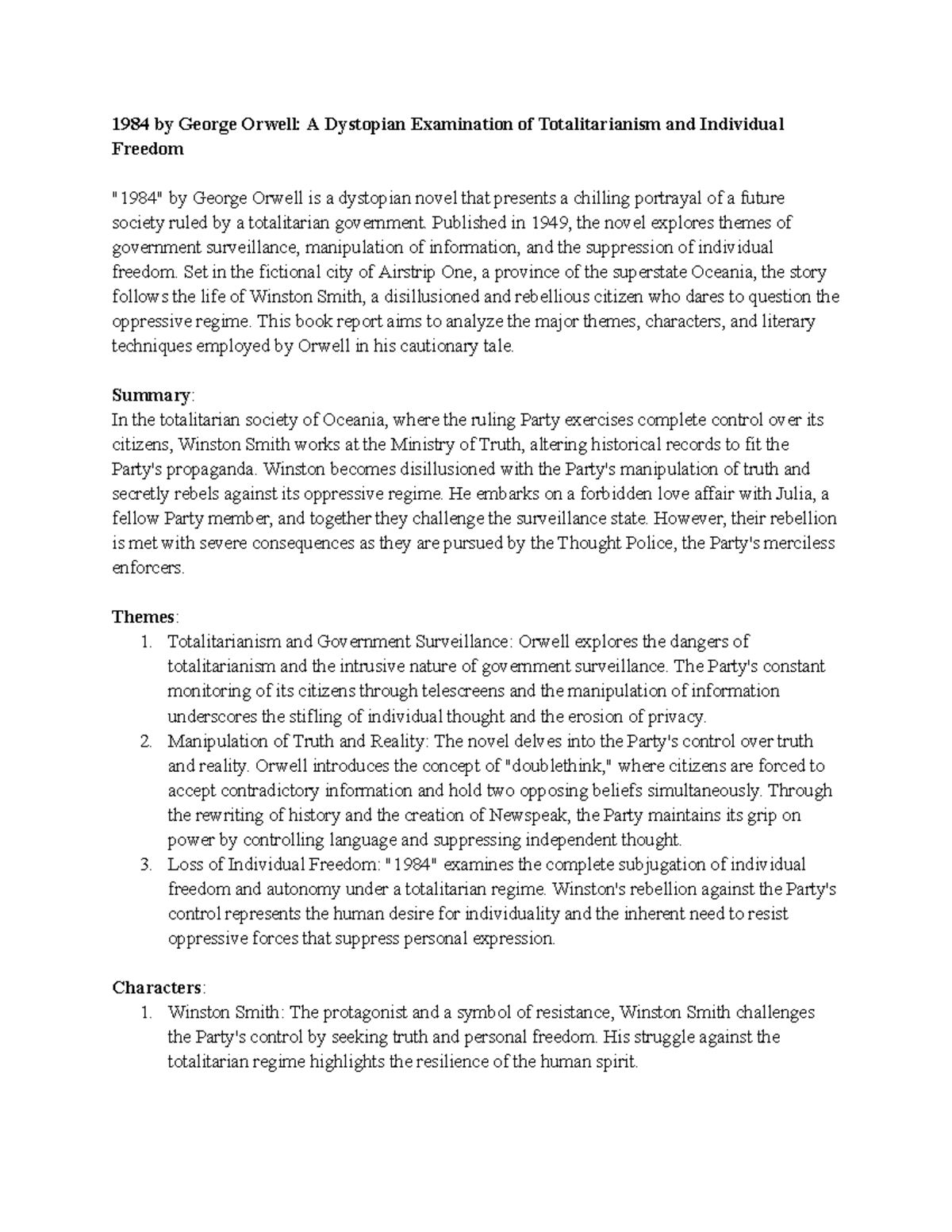 Book Report on 1984 by George Orwell: Dystopian Themes & Analysis - Studocu