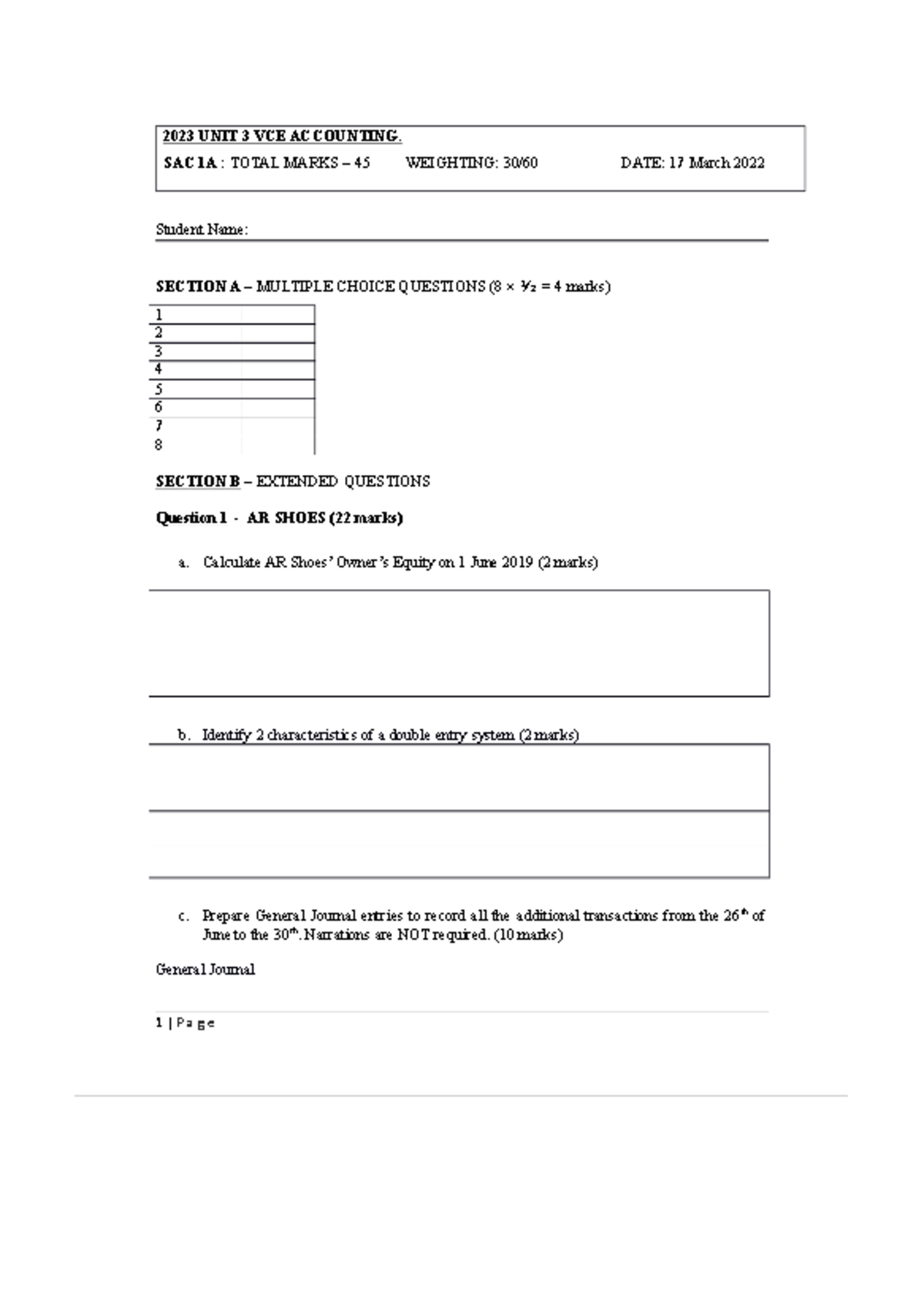 2023 Unit 3 VCE Accounting SAC 1A Practice Answer Book - Studocu