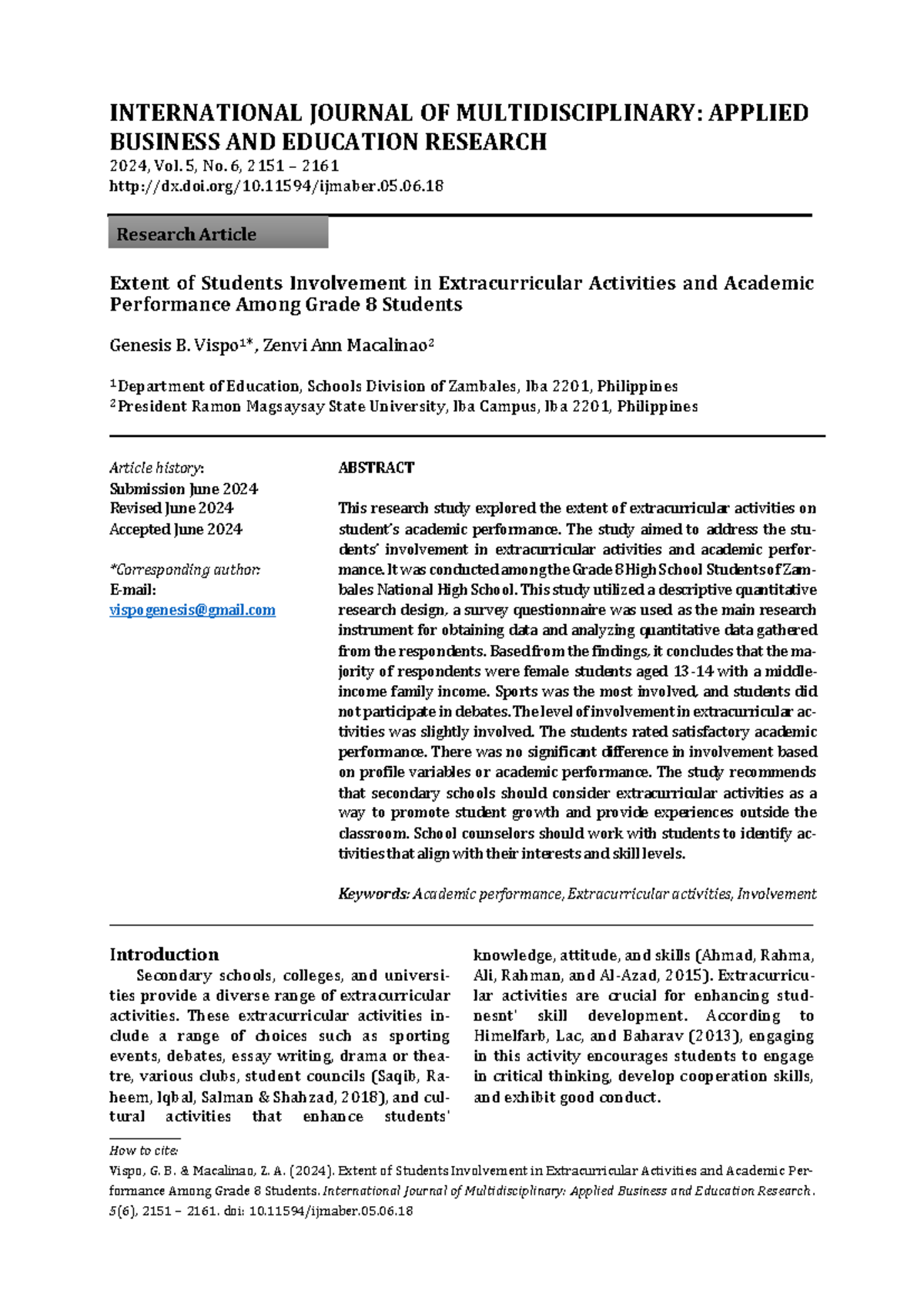 Extent of Grade 8 Students' Involvement in Extracurricular Activities ...