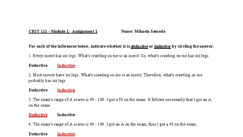 CRIT 111 - Module 1: Inductive and Deductive Inferences Exercise - Studocu