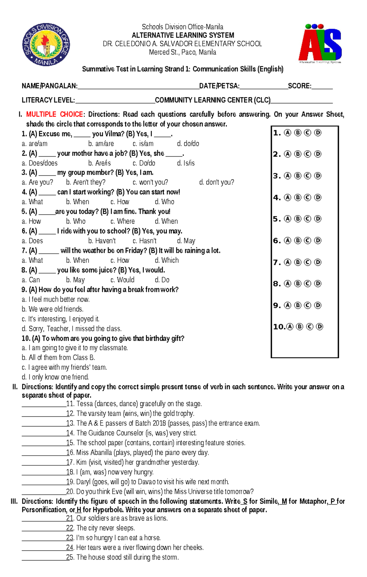 Summative Test: Communication Skills (English) - English 3rd Quarter ...