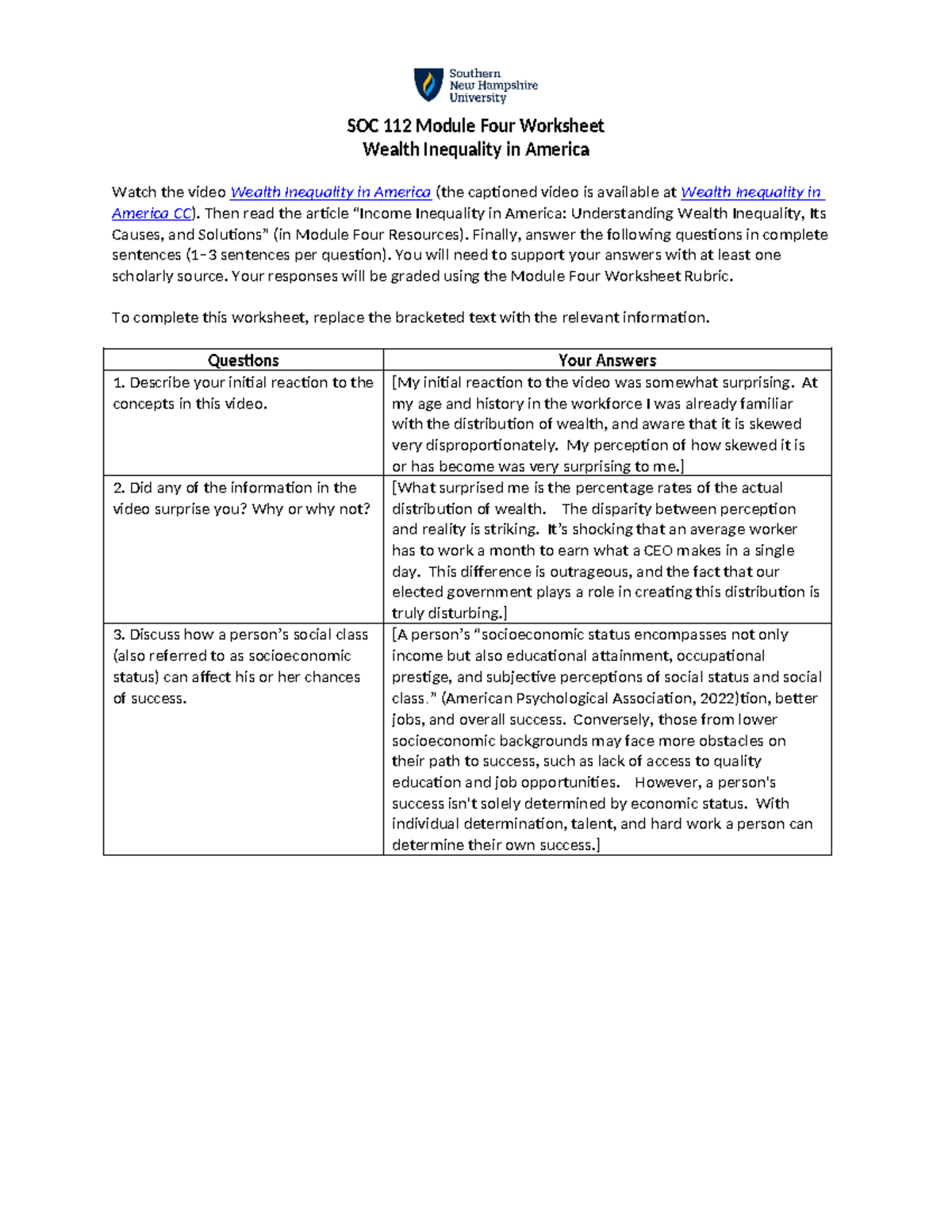 SOC 112 Module Four Worksheet - SOC 112 Module Four Worksheet Wealth Inequality in America Watch ...