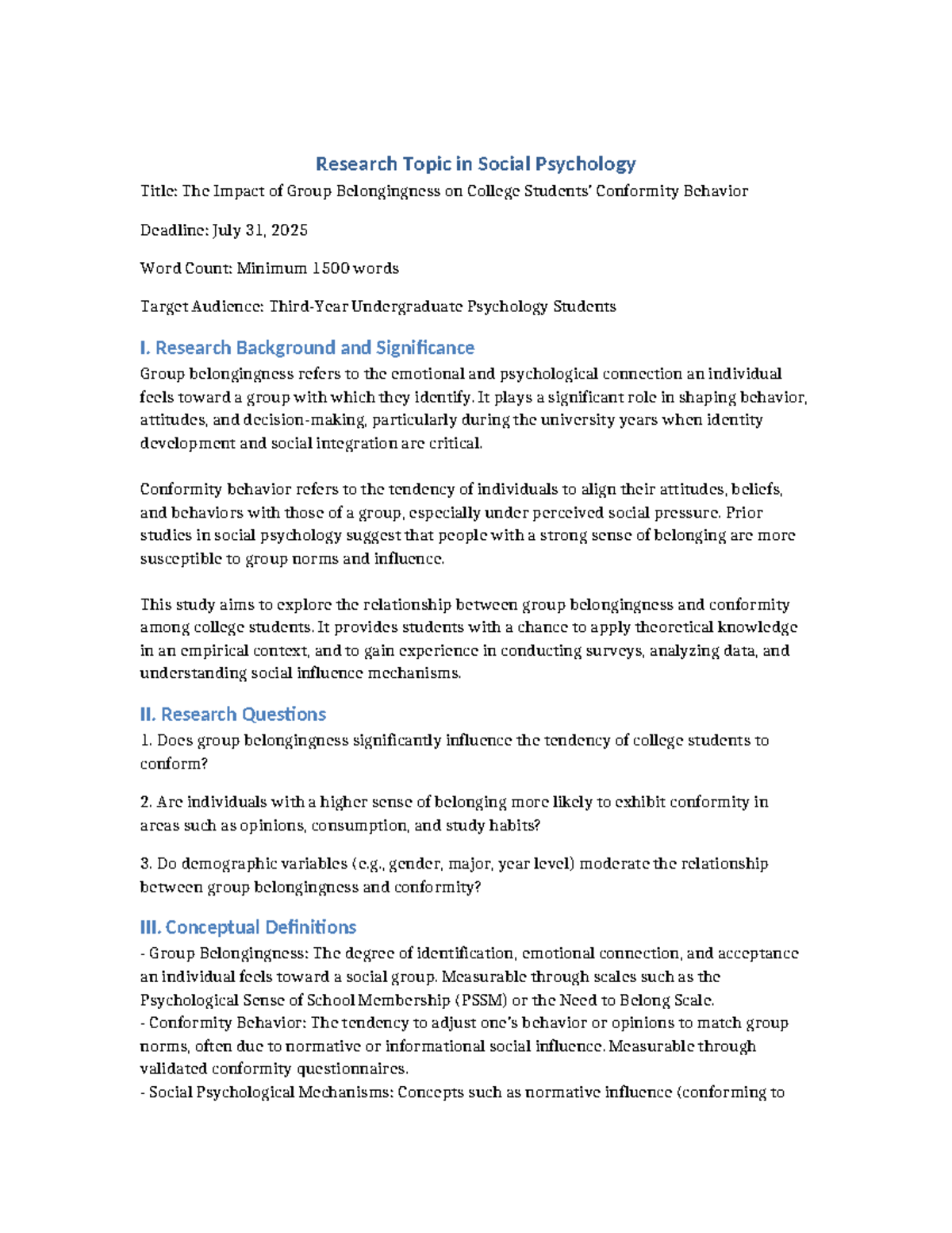 Social Psychology Research Topic: Group Belongingness & Conformity ...