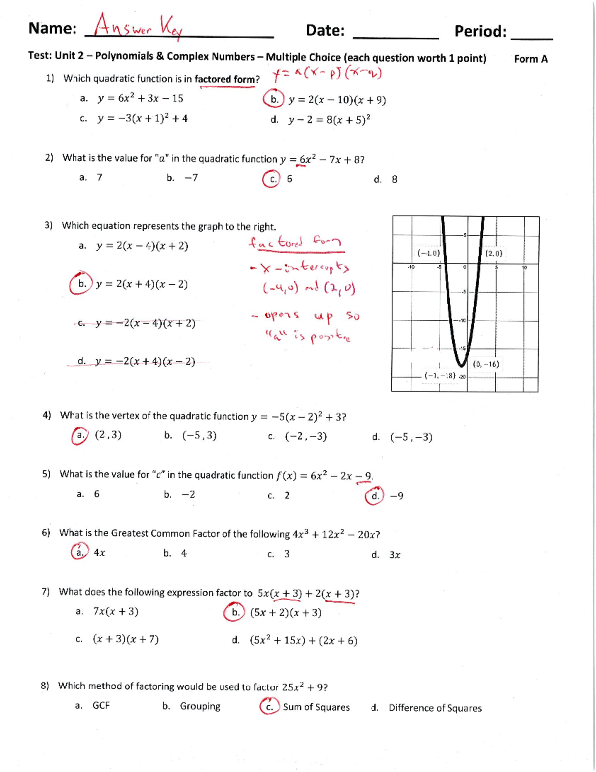 Test (Answers) Unit 2 Polynomials & Complex Numbers - Name: Answer Key ...