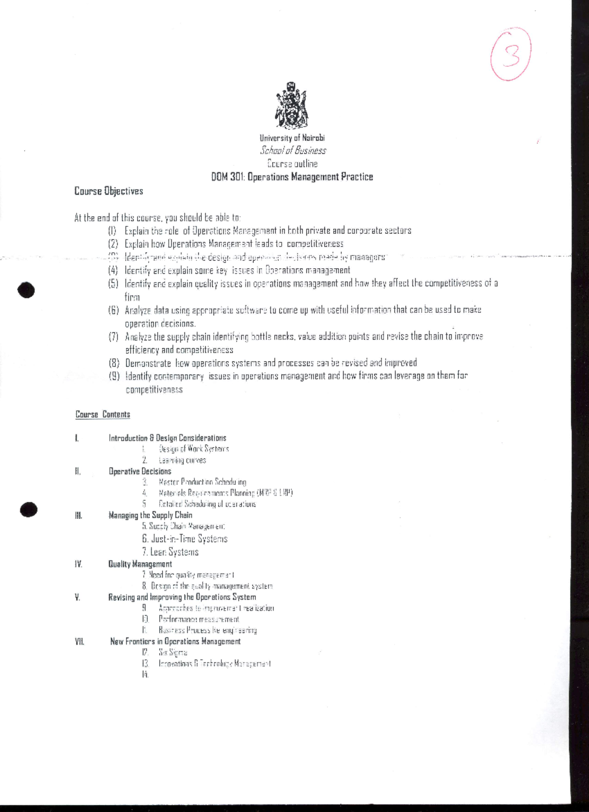 Dom 301 course outline - 3 University of Nairobi School of Business ...