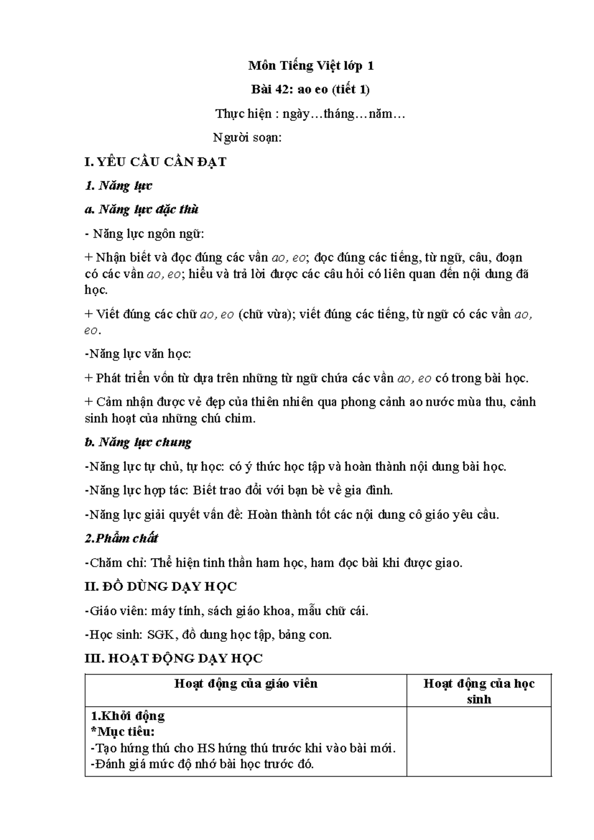 Kế Hoạch Dạy Học Vần Ao, Eo (Tiết 1) Lớp 1 - Studocu