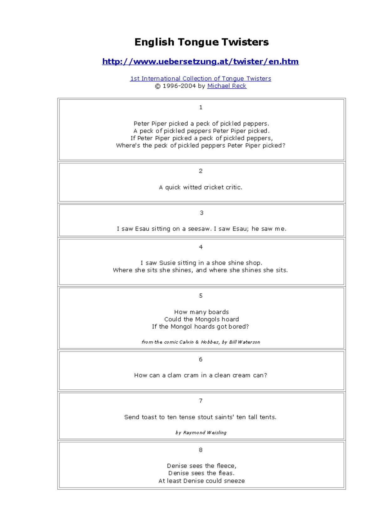 English Tongue Twisters: 1st International Collection - Studocu