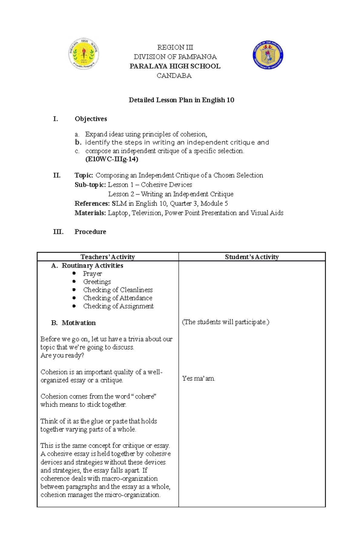 Detailed Lesson Plan in English 10: Composing a Critique (E10WC-IIIg-14 ...