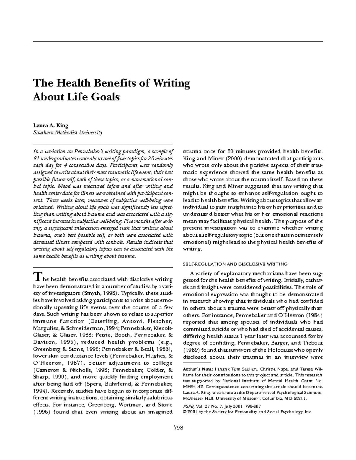 The Health Benefits of Writing About Life Goals: An Investigation (PSY ...