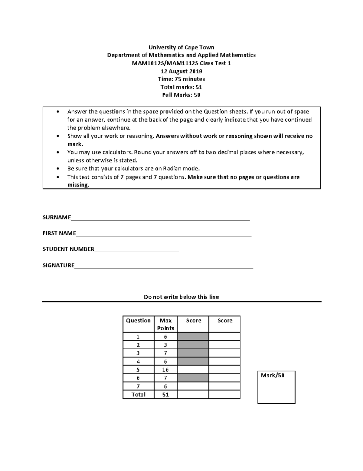 MAM1112S CT1 2019 - Class test 1 - University of Cape Town Department ...