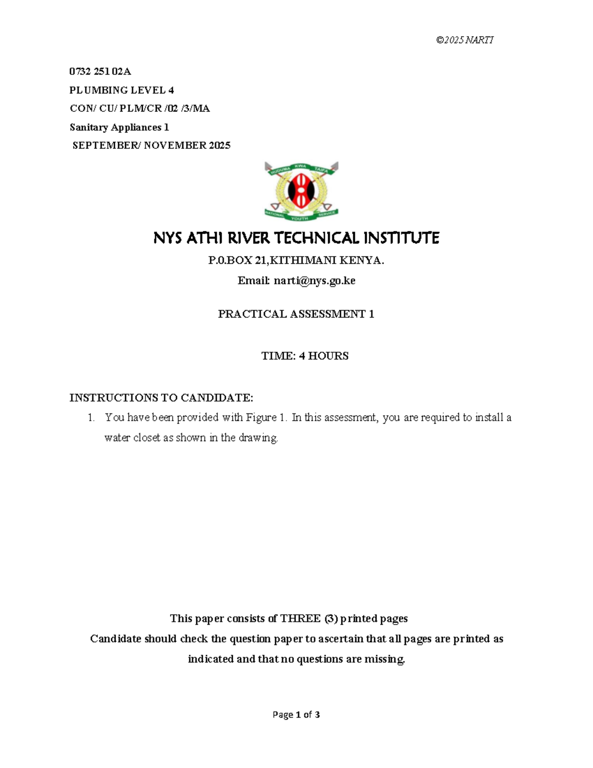 NARTI 0732 Plumbing Level 4 Practical Assessment 1 Guide - Studocu