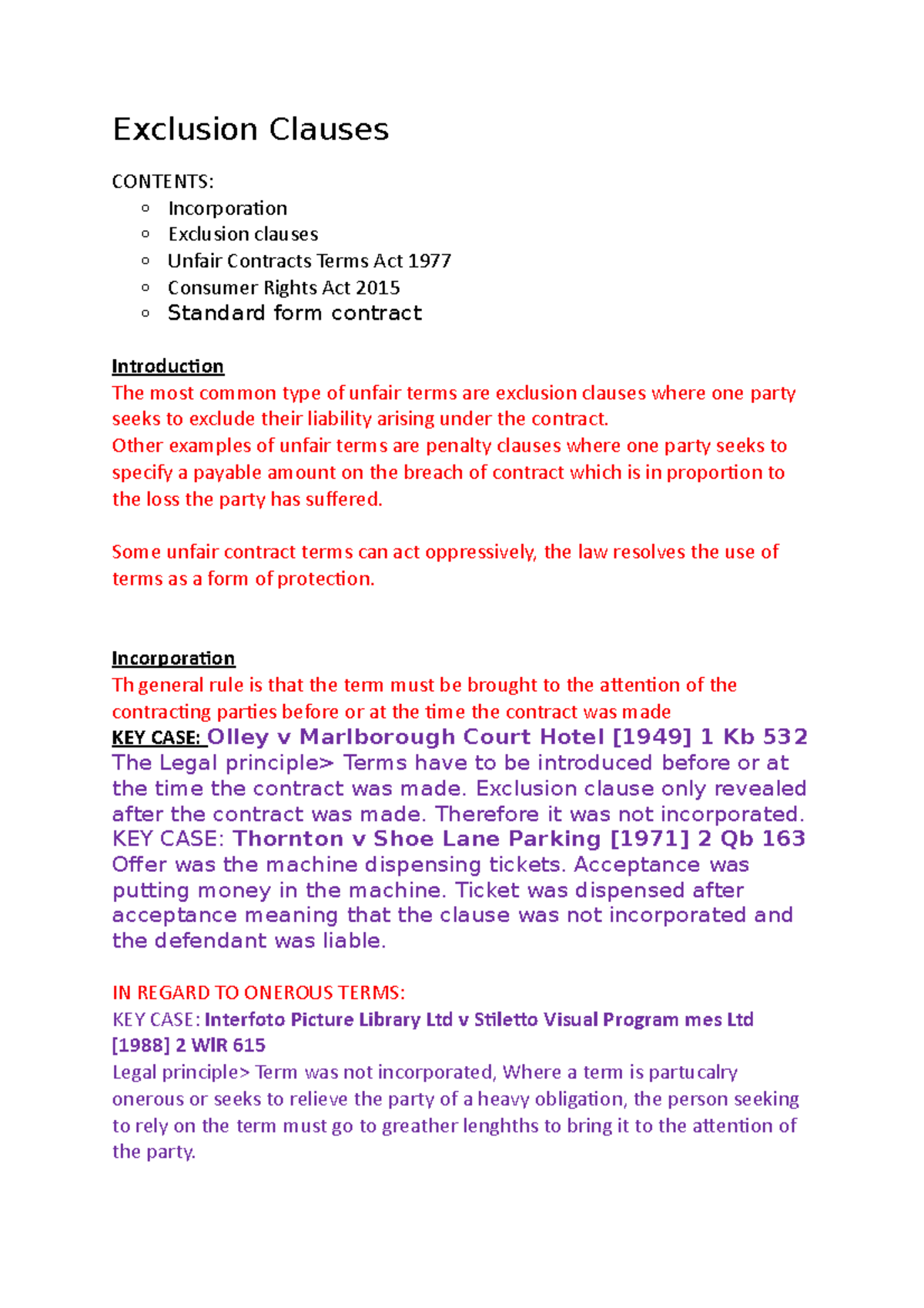 Exclusion Clauses - Comprehensive Lecture Notes for Law Module - Studocu