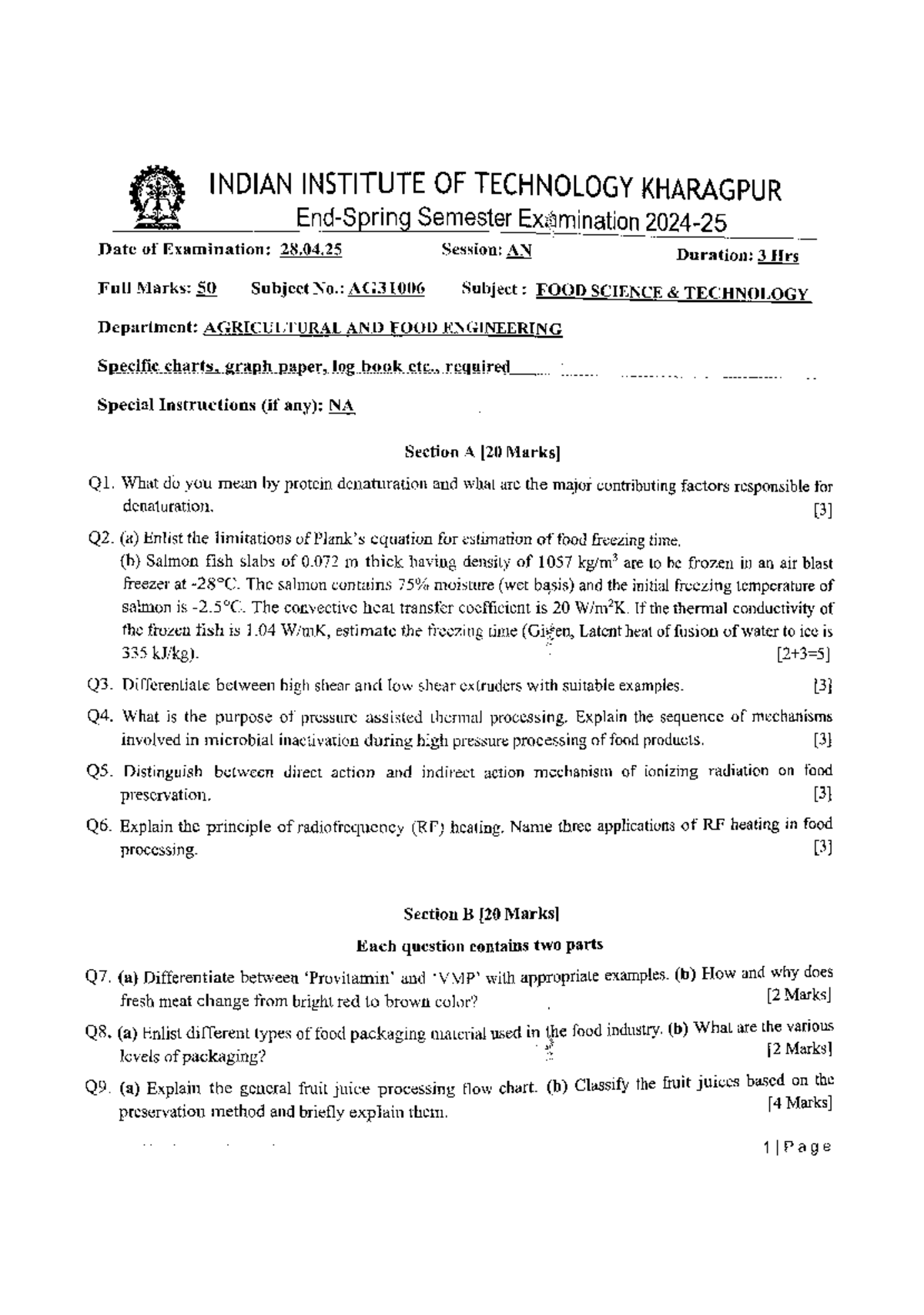 AG31006 Final Exam: Food Science Technology - April 2025 - Studocu