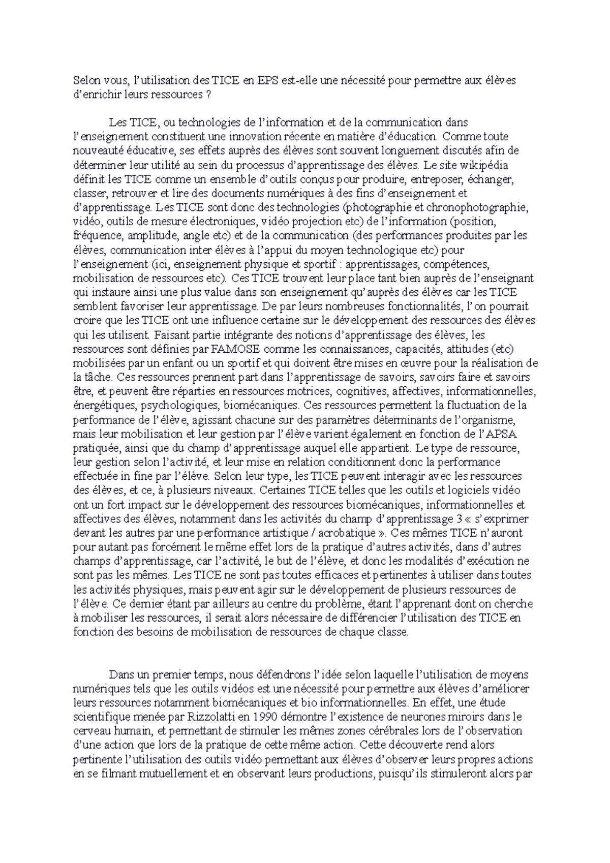 Utilisation des TICE en EPS : Enjeux et Perspectives en L2 Staps - Studocu