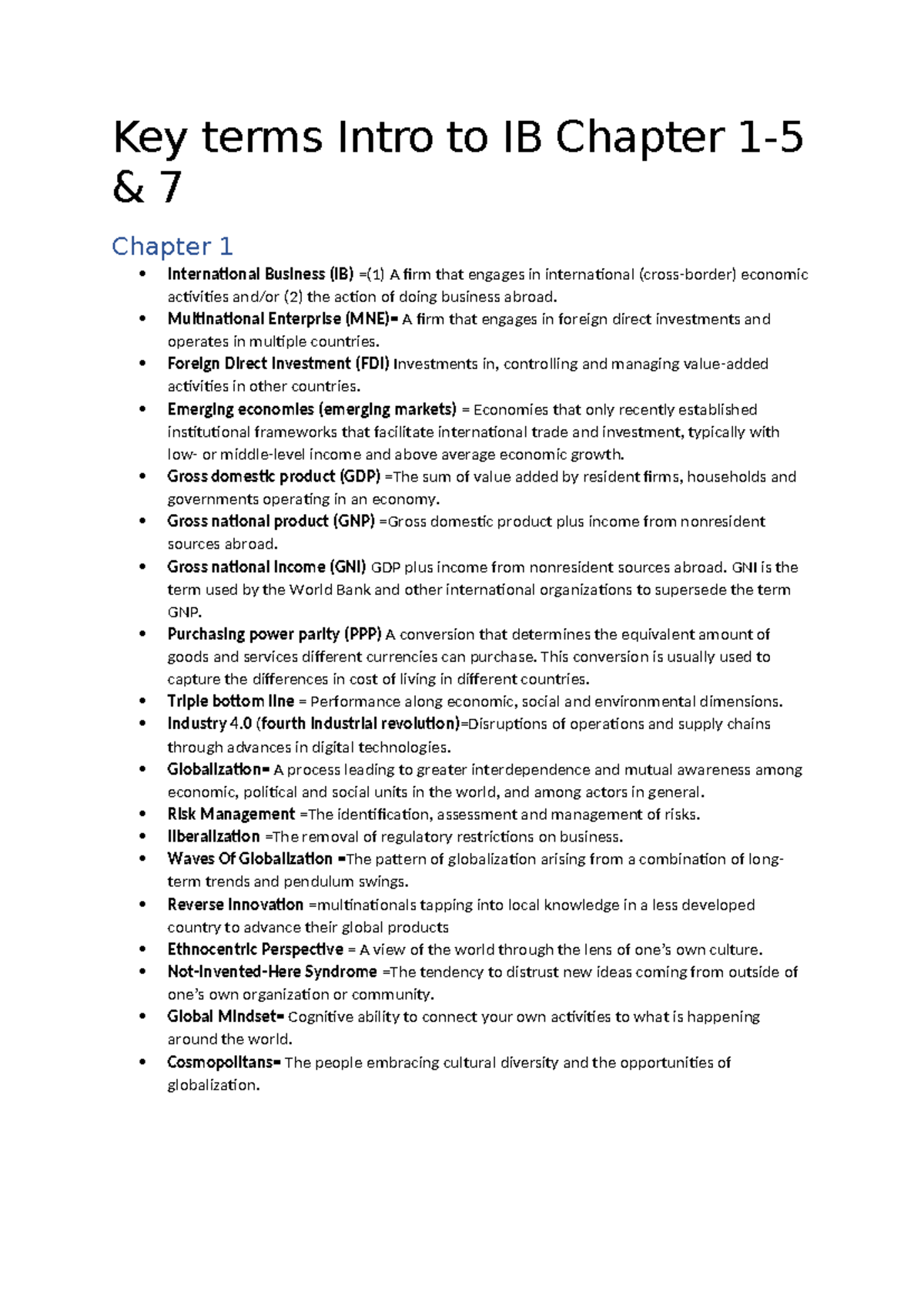 Key Terms for Intro to IB: Chapters 1-5 & 7 Overview - Studeersnel