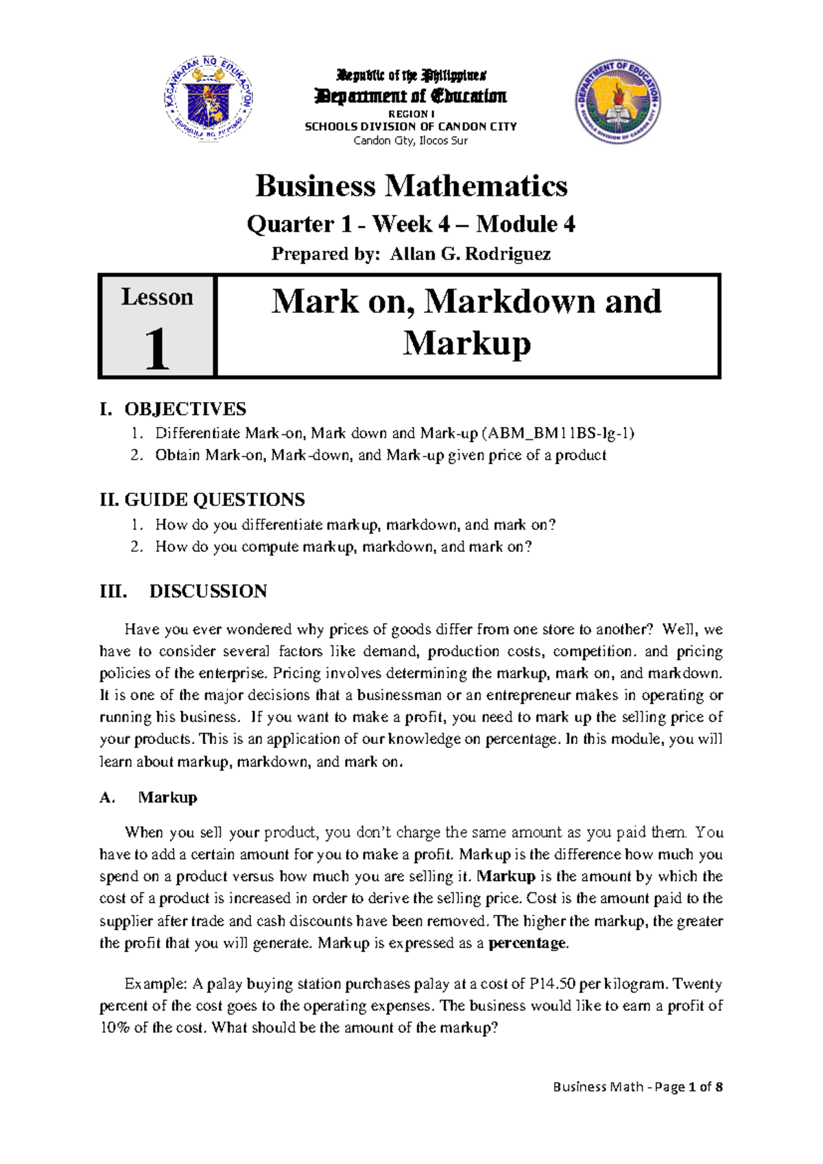 Business Math Q1 W4 M4: Markup, Markdown, and Mark On Notes - Studocu