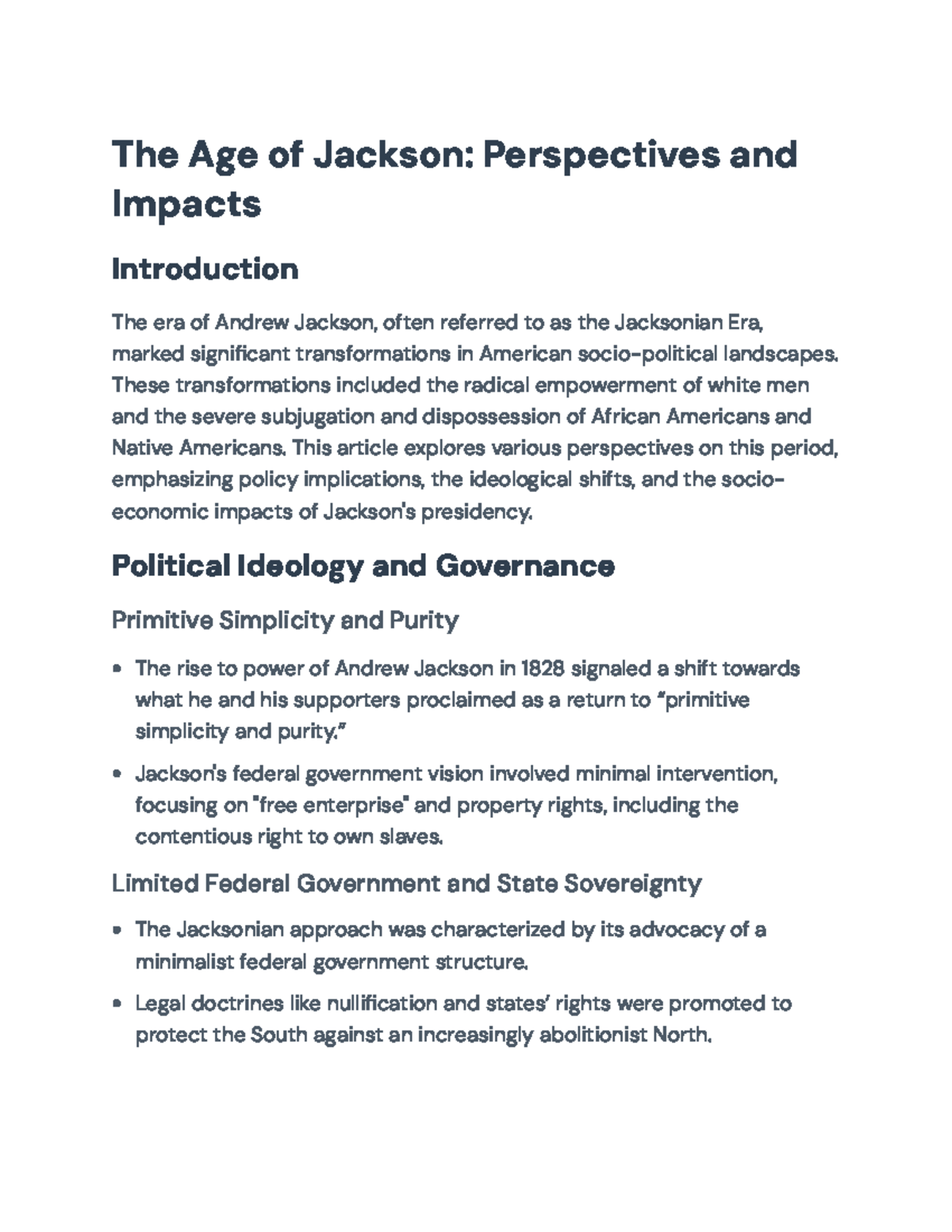 The Age of Jackson: Political Ideologies and Socio-Economic Impacts ...
