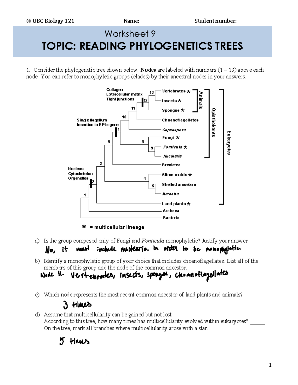 Worksheet number 9 - © UBC Biology 121 Name: Student number: 1 1 ...