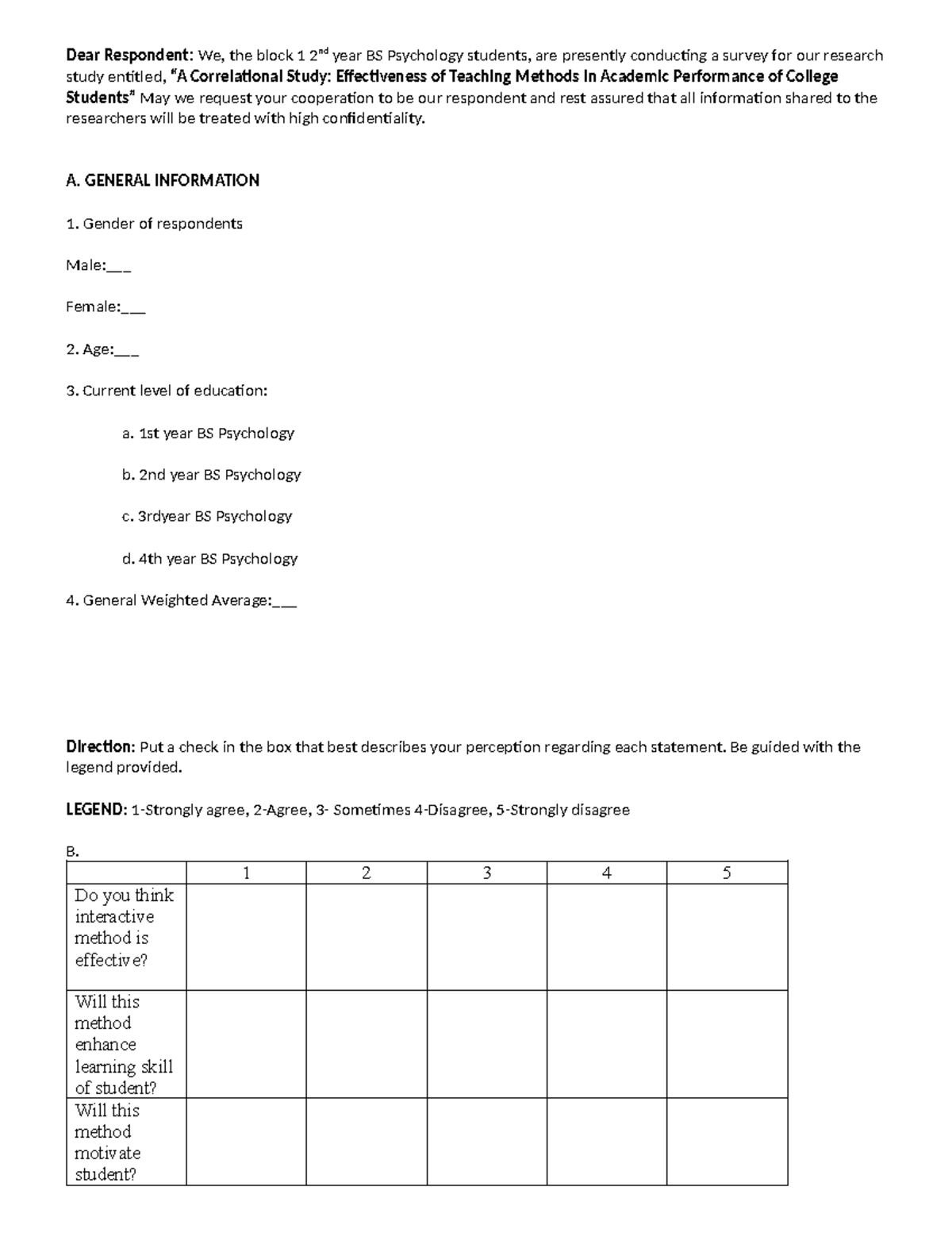 PSY 201: Survey Questionnaire on Teaching Methods & Academic ...