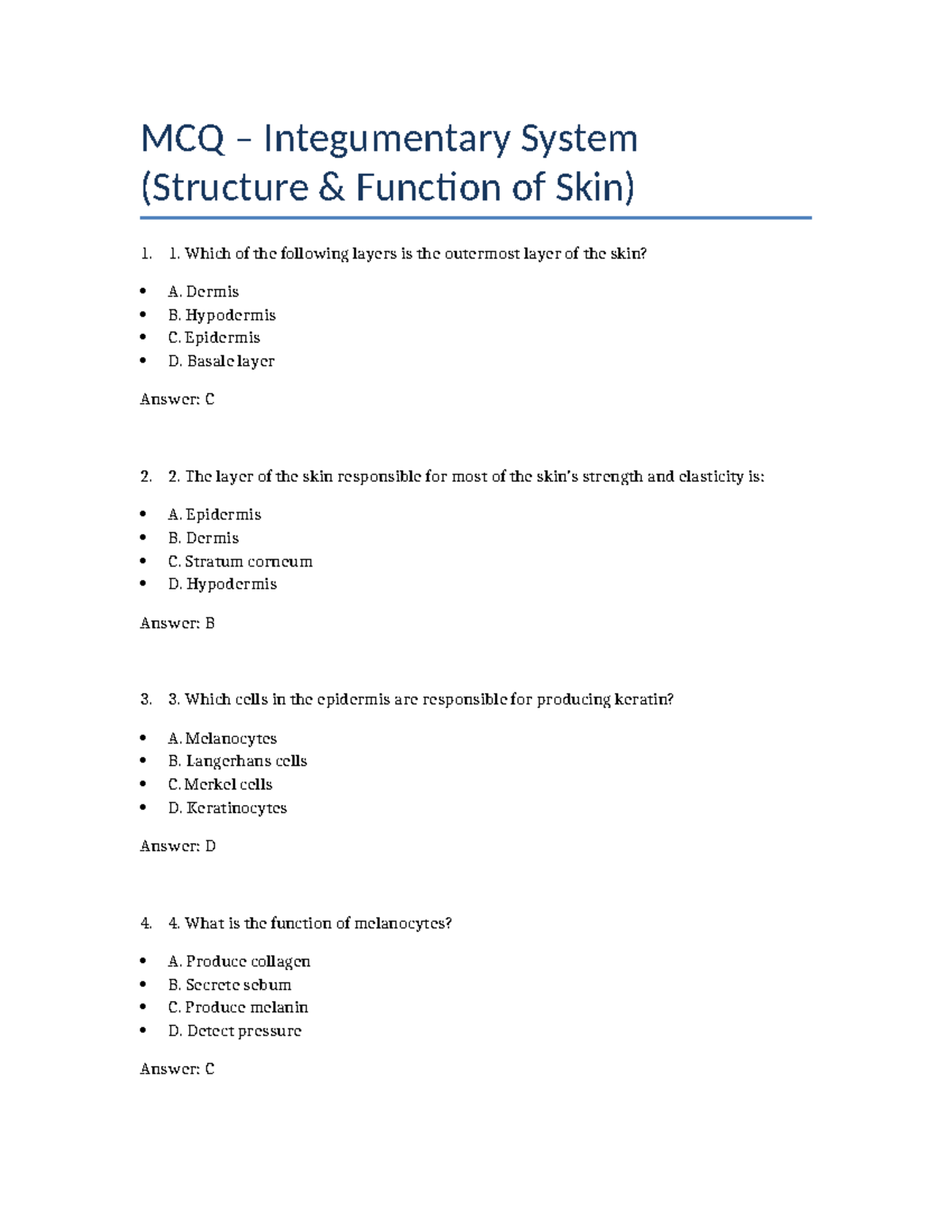 MCQ on Integumentary System (Structure & Function of Skin) - Studocu