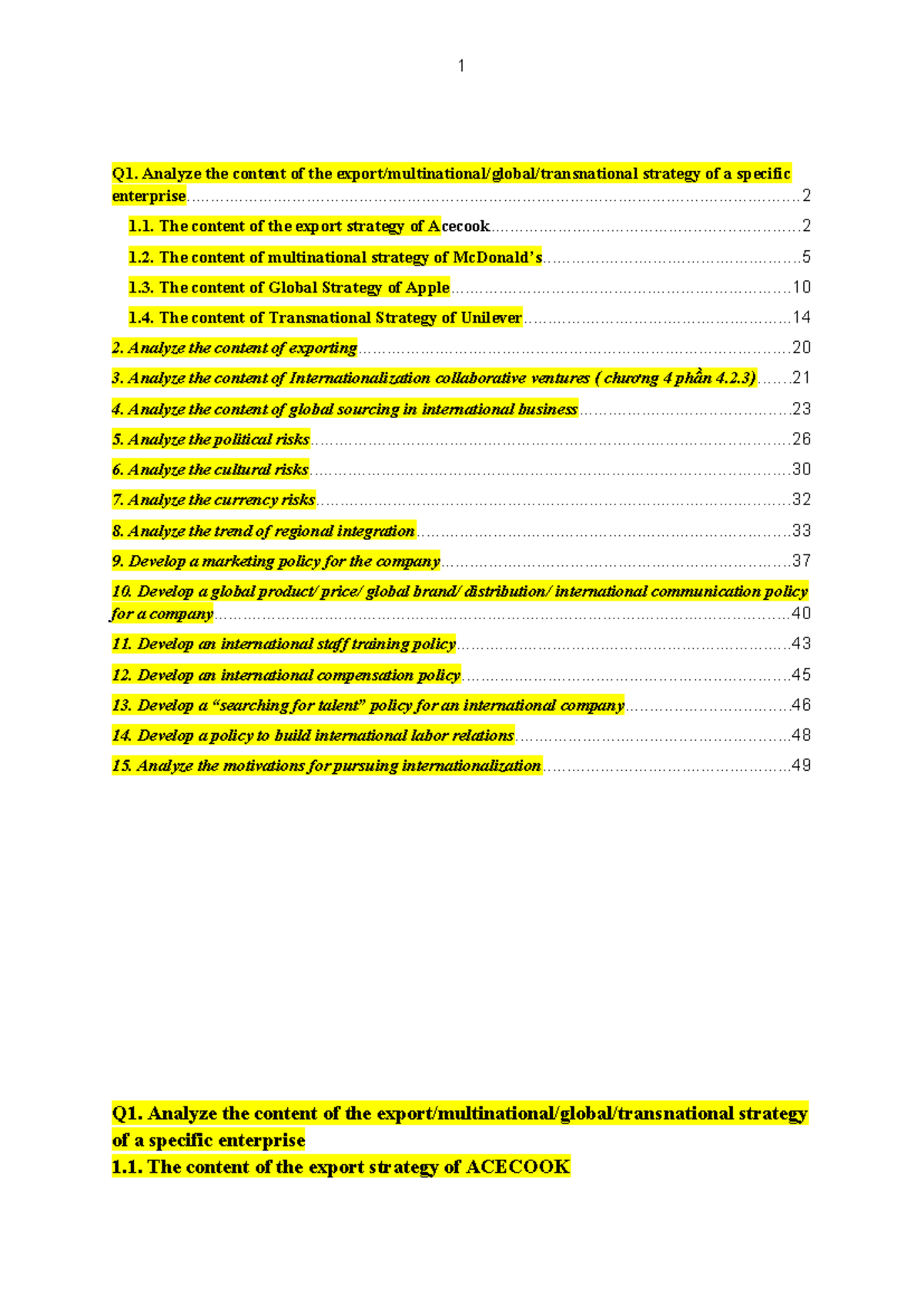 Q1. Analysis of Export, Multinational, Global, and Transnational ...