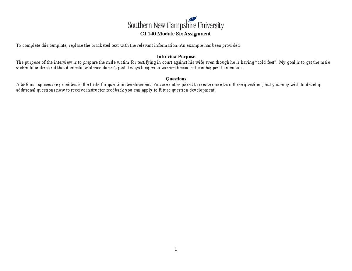 CJ 140 Module Six Assignment: Interview Strategy for Male Victim - Studocu