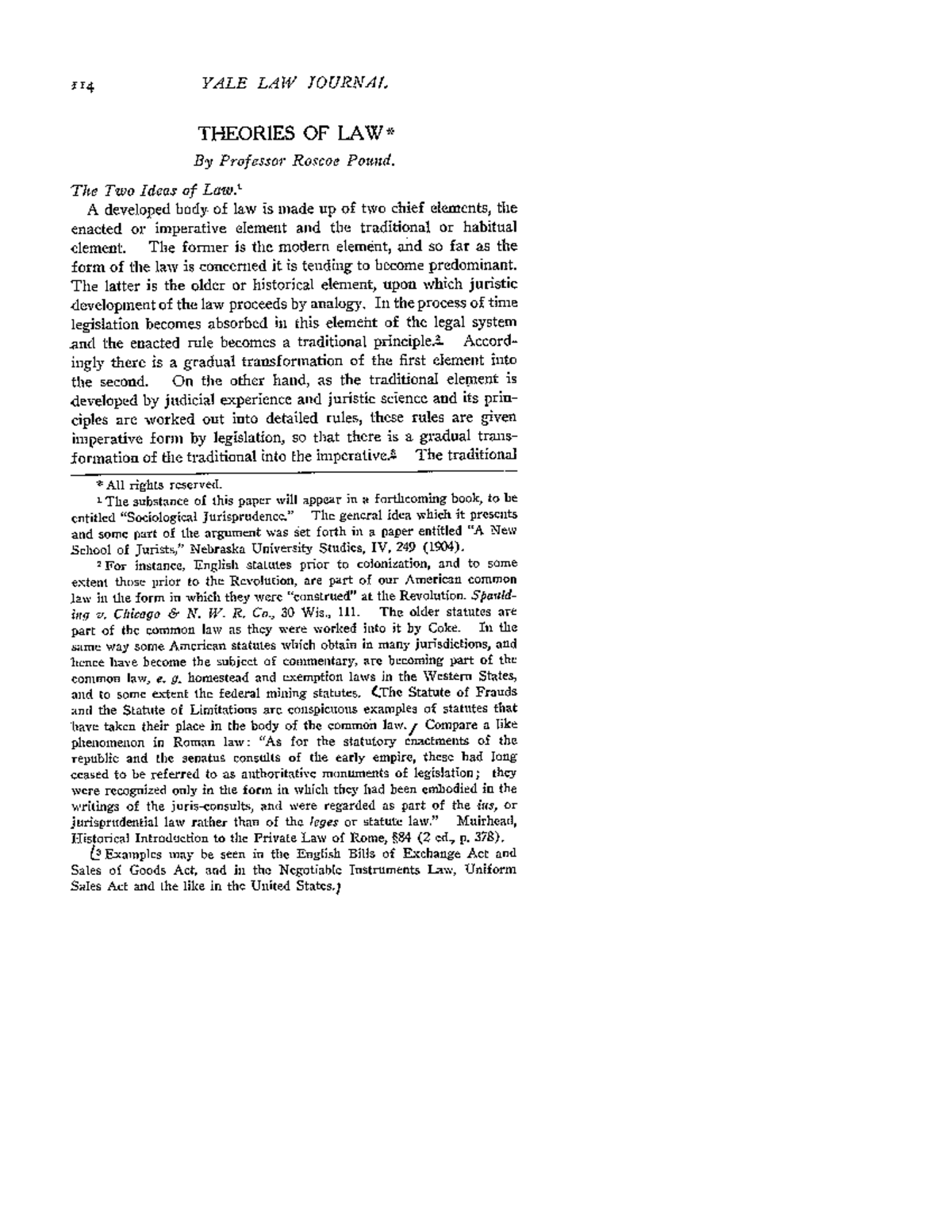 14. Theories of Law author Professor Roscoe Pound - YALE LAW IOURNAL ...
