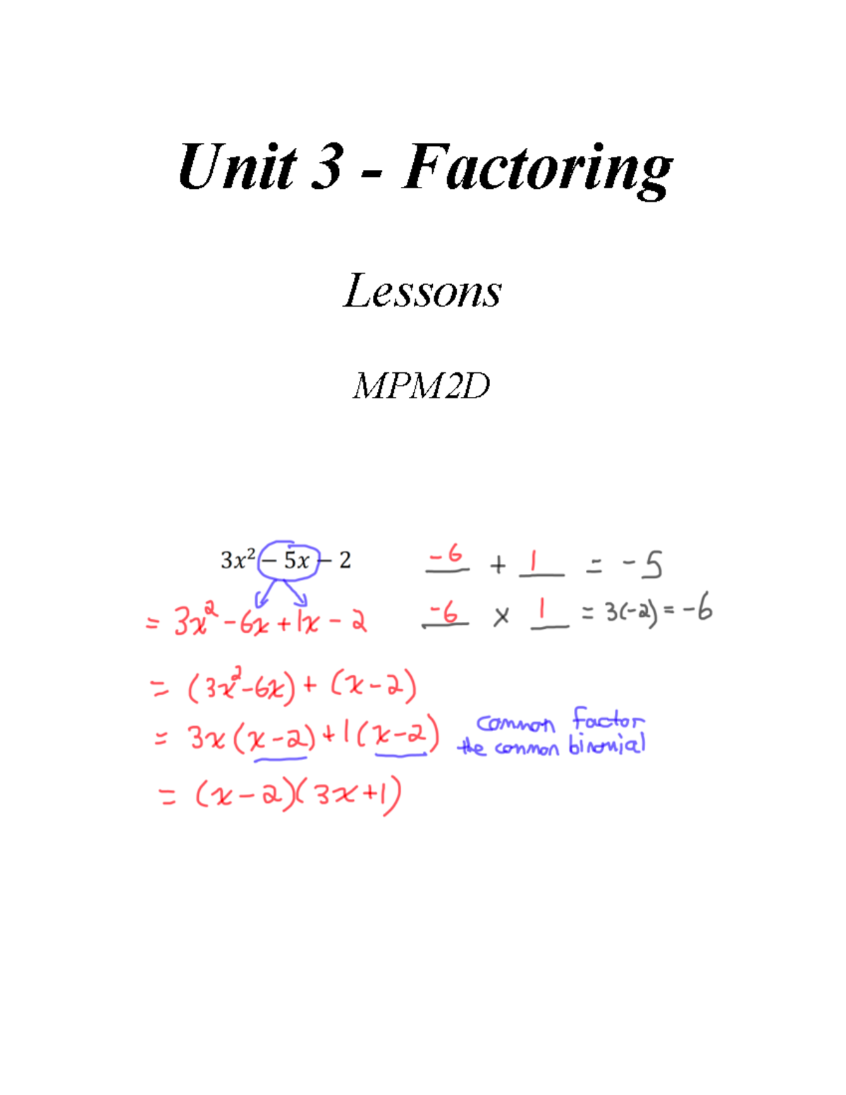 Factoring Lessons & Solutions MPM2D Unit 3 Overview - Studocu