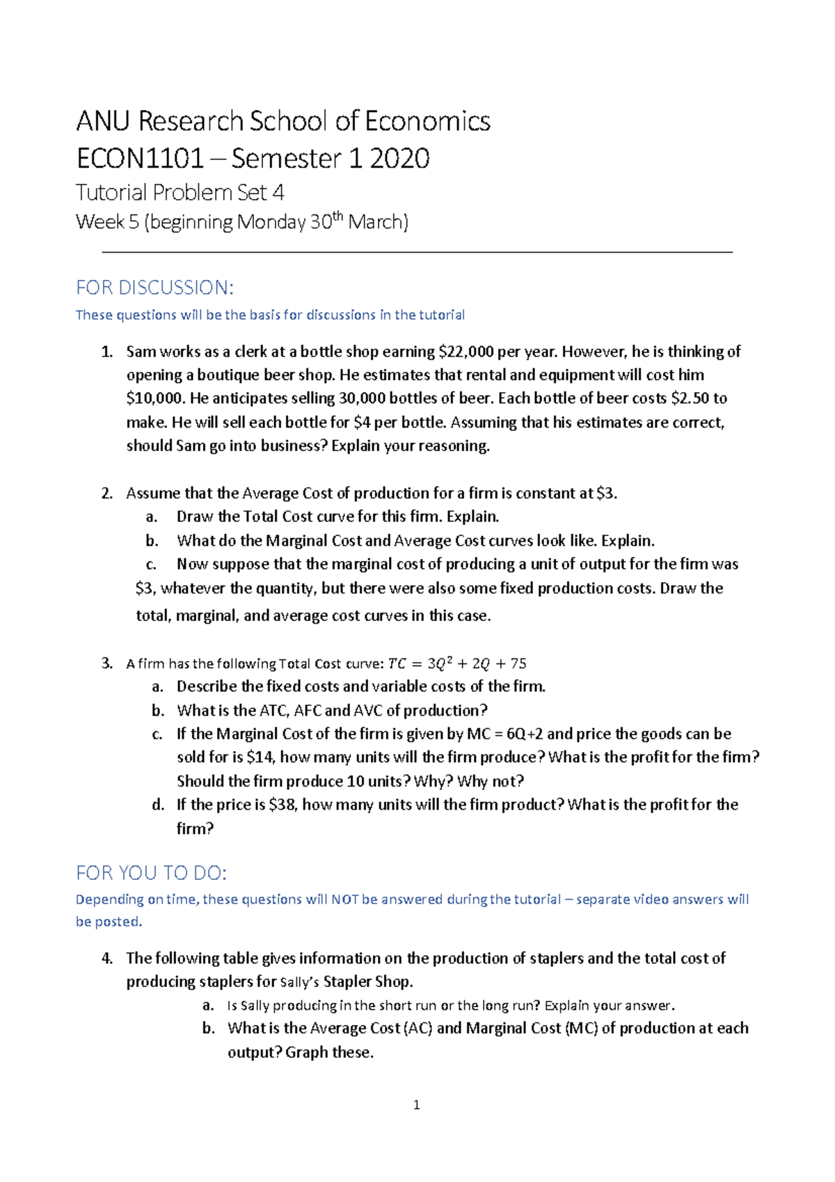 Tutorial 4 Problem Set Review for ECON1101 S12020 - Studocu